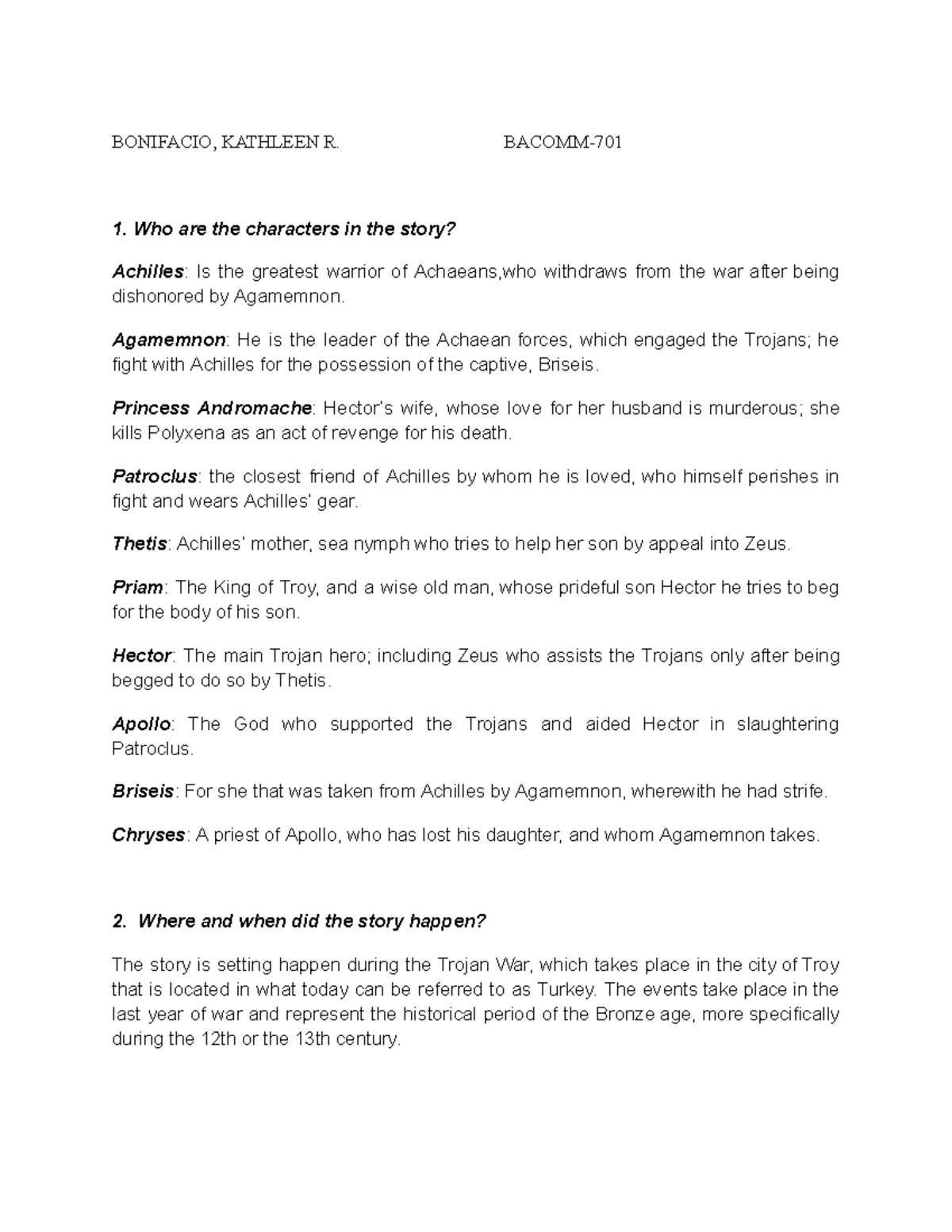 The Iliad - Character Analysis and Story Setting Overview - Studocu