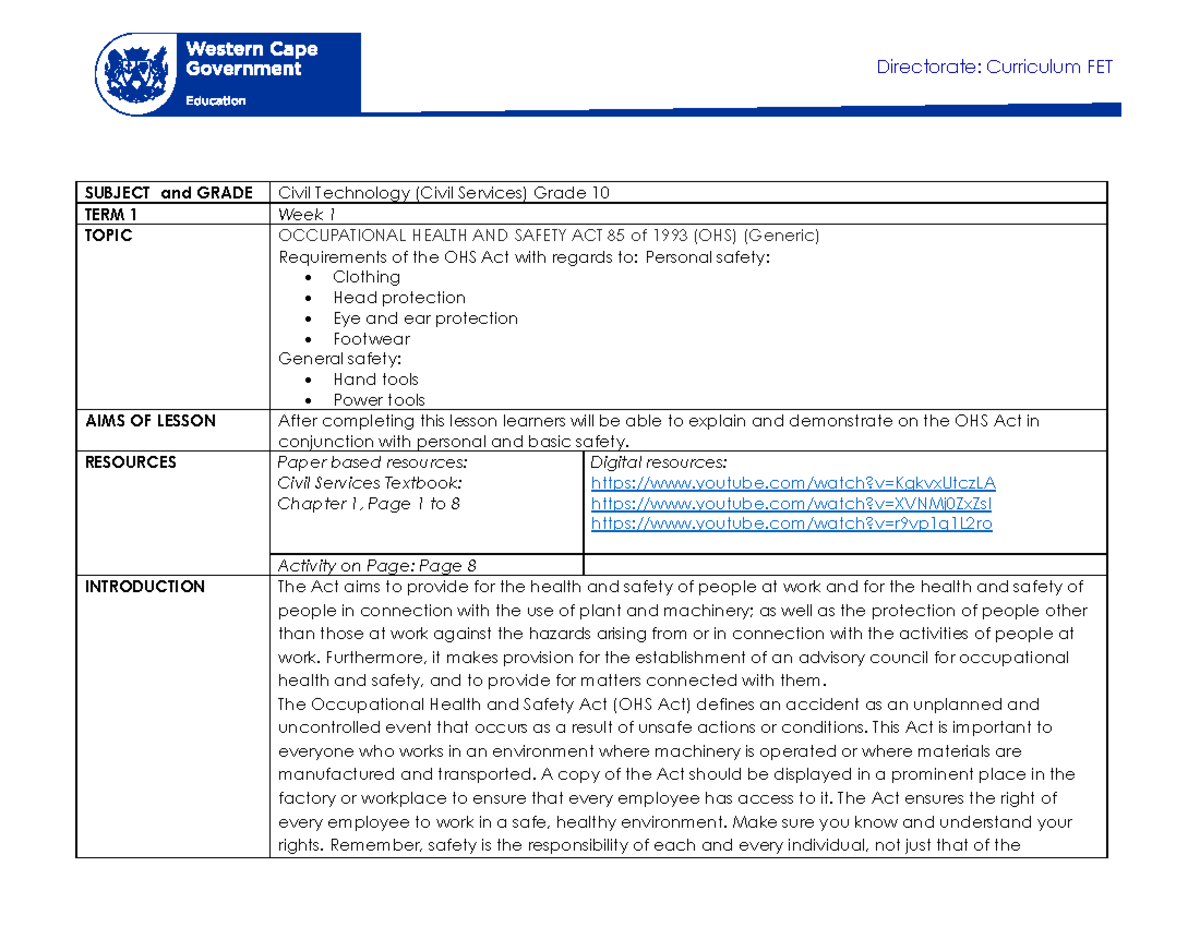 Civil Technology Grade 10: OHS Act Safety Guidelines & Practices - Studocu