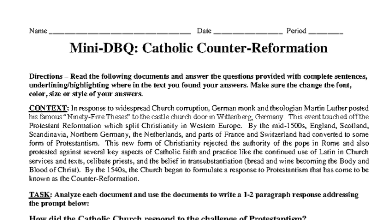 Catholic Counter Reformation Analysis: Mini DBQ (HIST 101) - Studocu