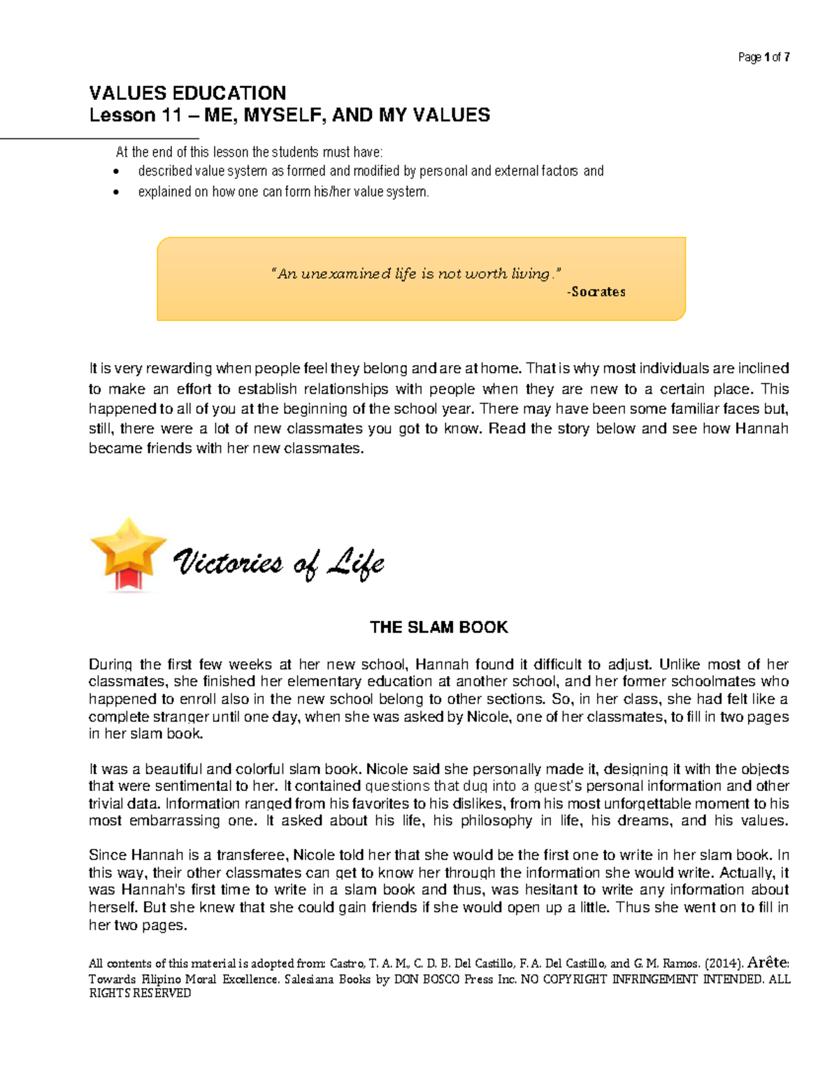 VALUES EDUCATION Lesson 11: Understanding My Value System - Studocu