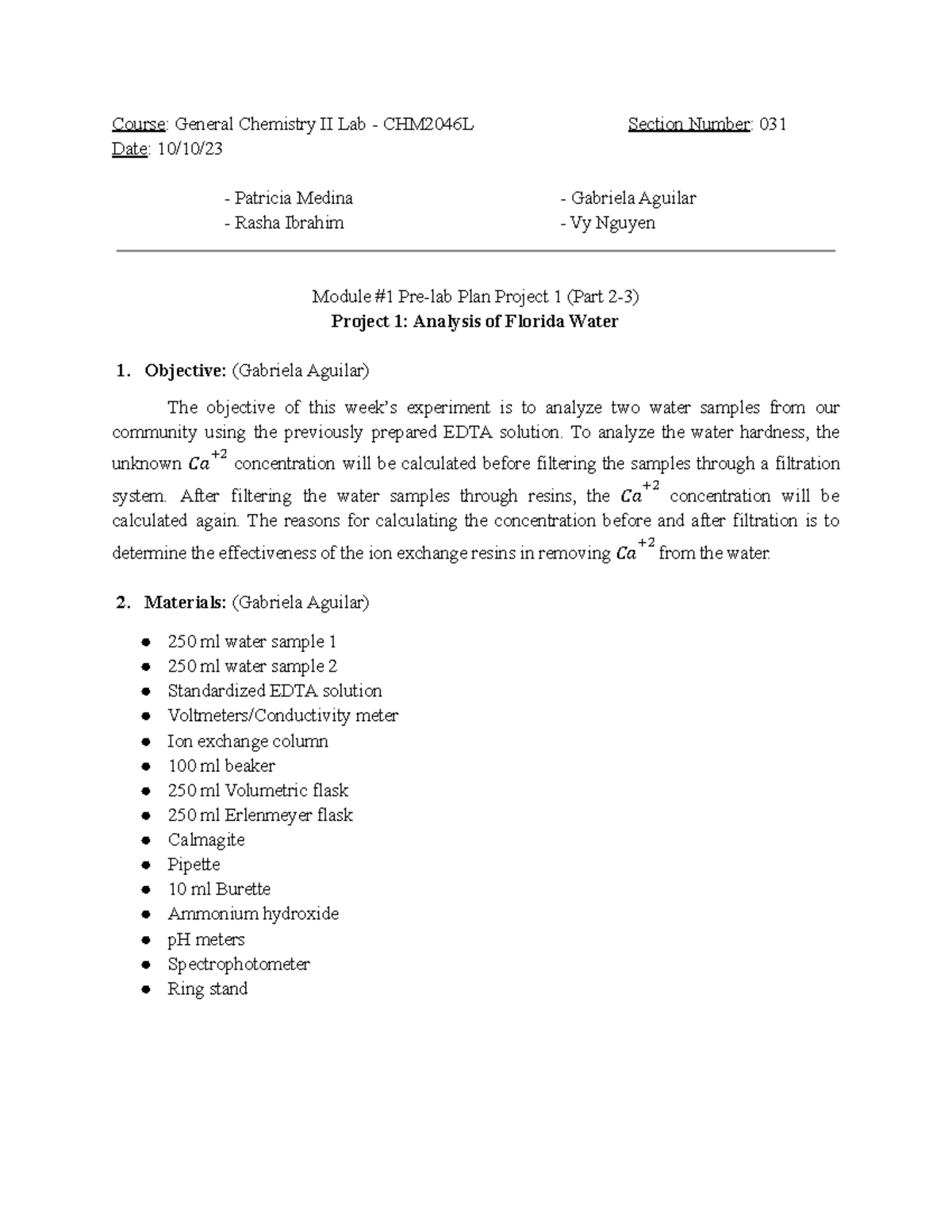Module 1 Pre-Lab Plan Part 2-3 - Course: General Chemistry II Lab - CHM2046L Section Number: 031 ...