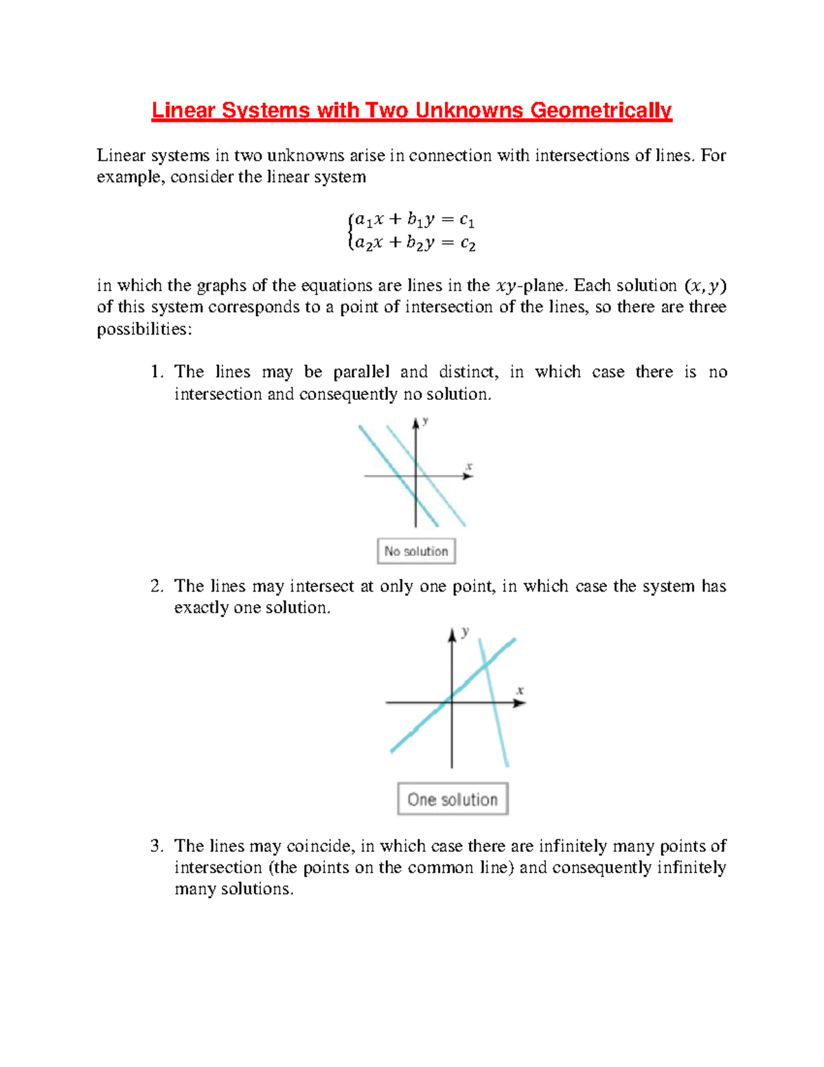 Lecture on Linear Systems with Two Unknowns and Their Solutions (MATH101) - Studocu
