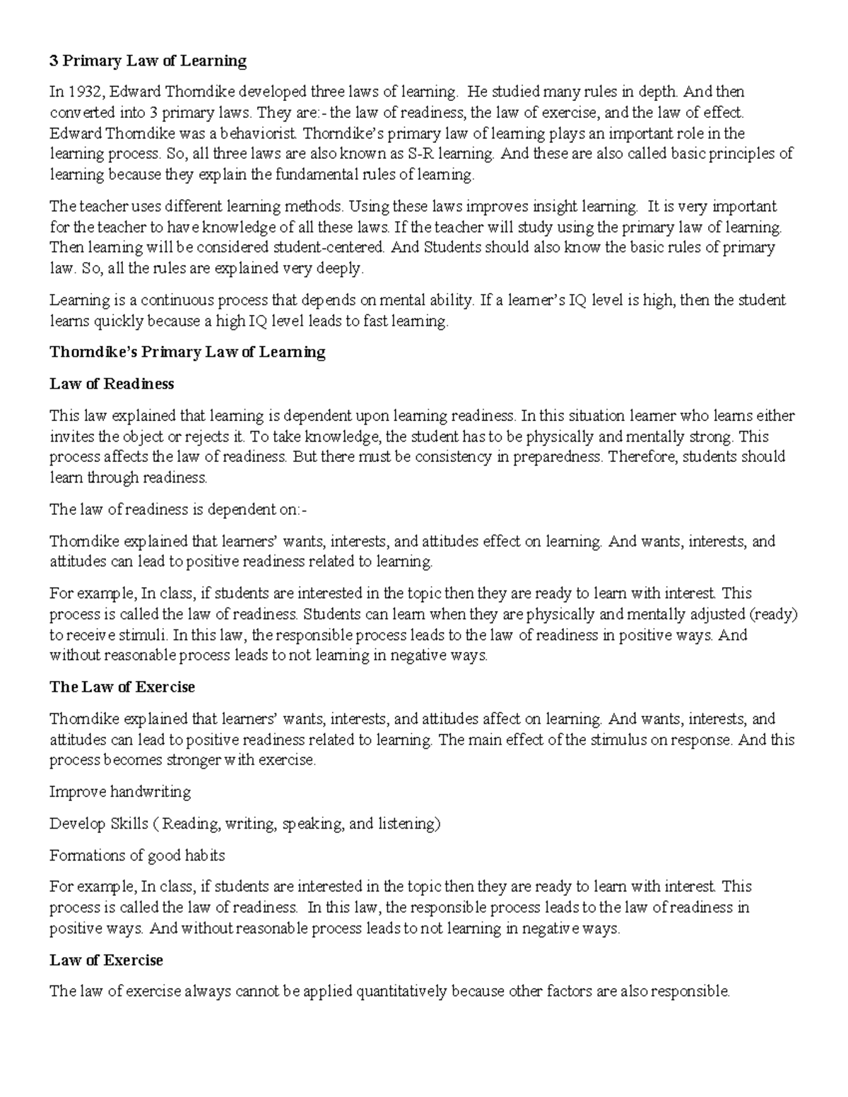 3 Primary Laws of Learning: Insights from Edward Thorndike - Studocu