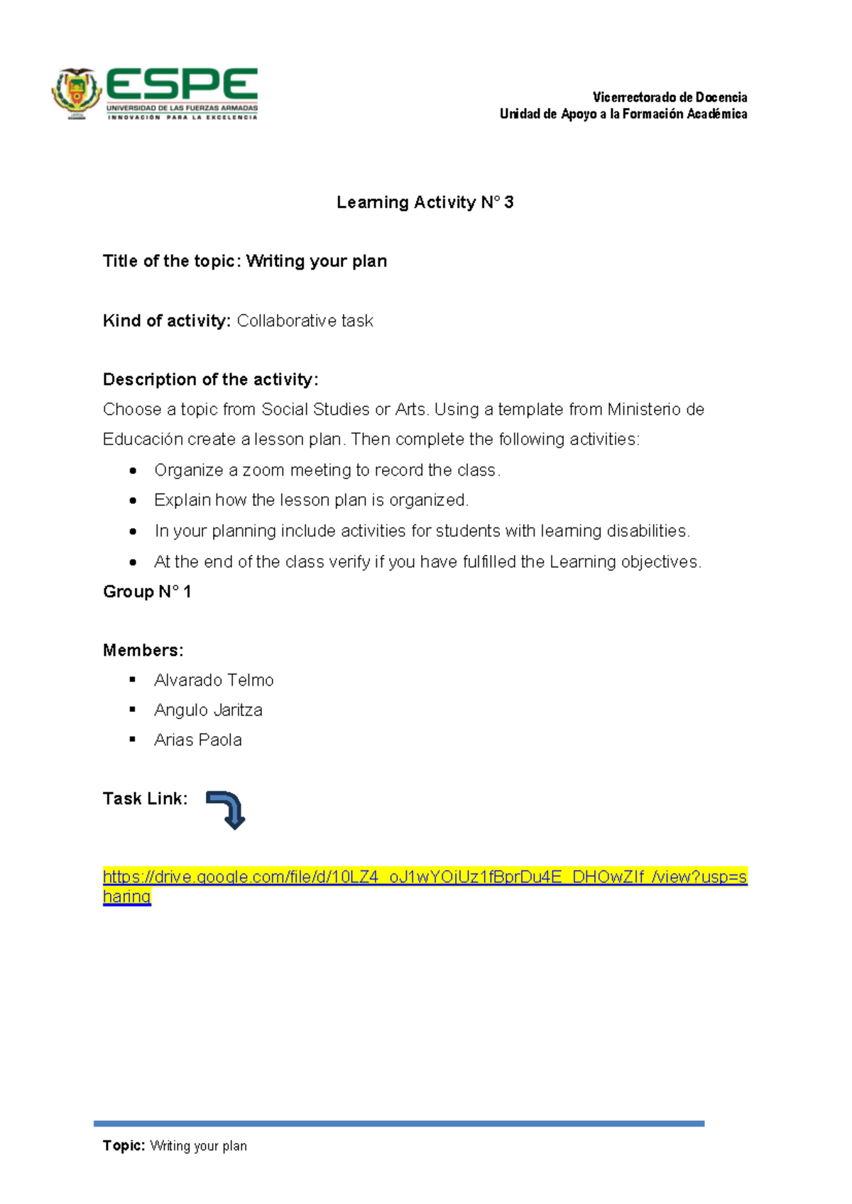 Learning Activity 3: Writing Your Plan - Group 1 Collaboration - Studocu