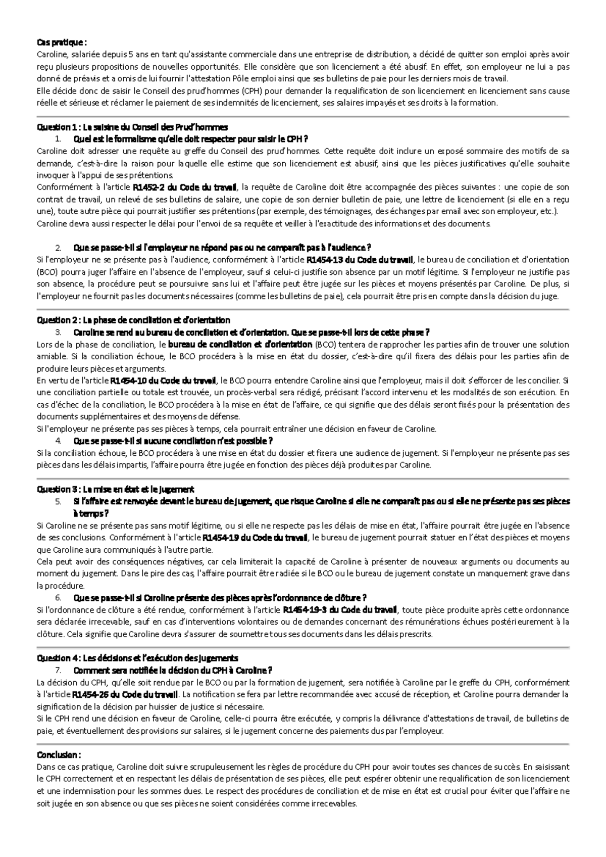 Procédure Prud'homale : Cas Pratique sur le Licenciement Abusif - Studocu