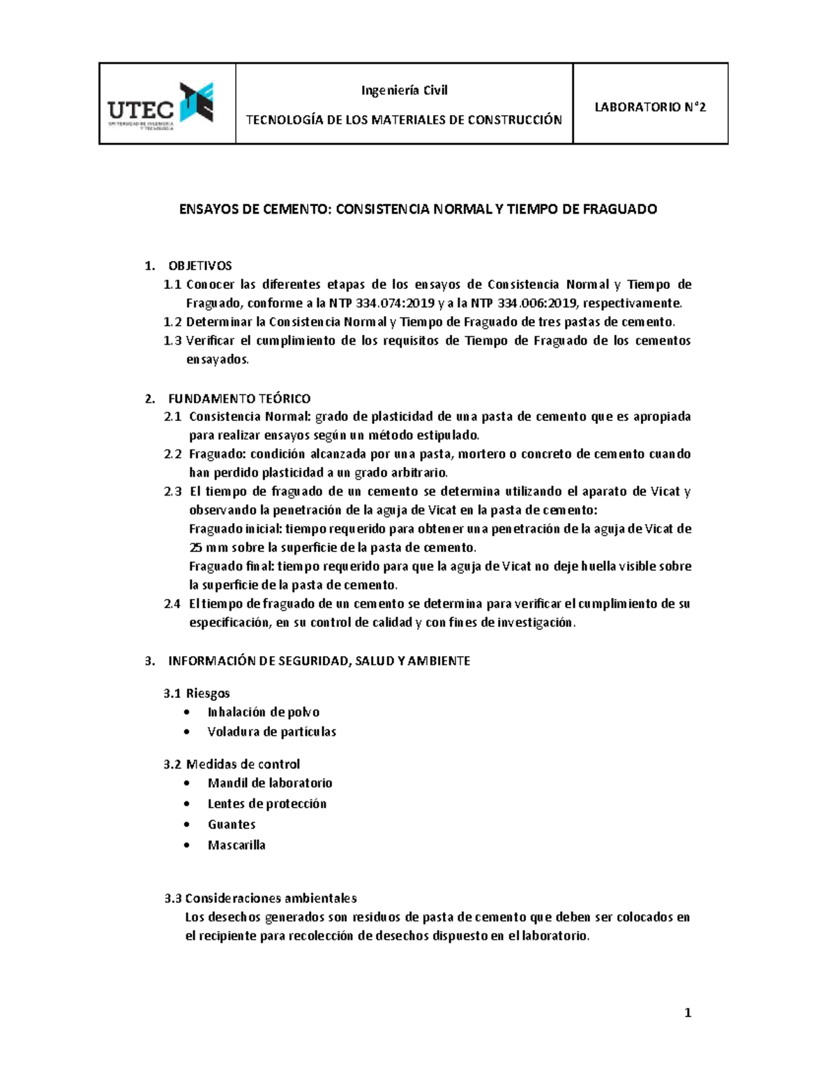 Ingeniería Civil LAB N°2: Consistencia Normal y Tiempo de Fraguado ...