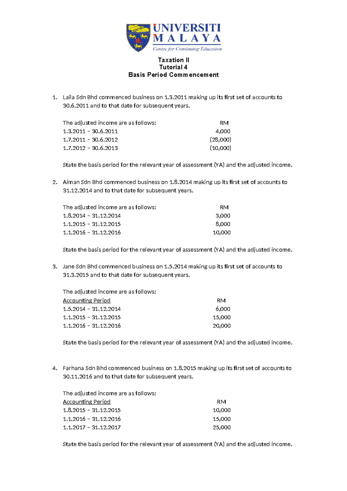 Taxation II Tutorial 4: Basis Period Commencement Explained - Studocu