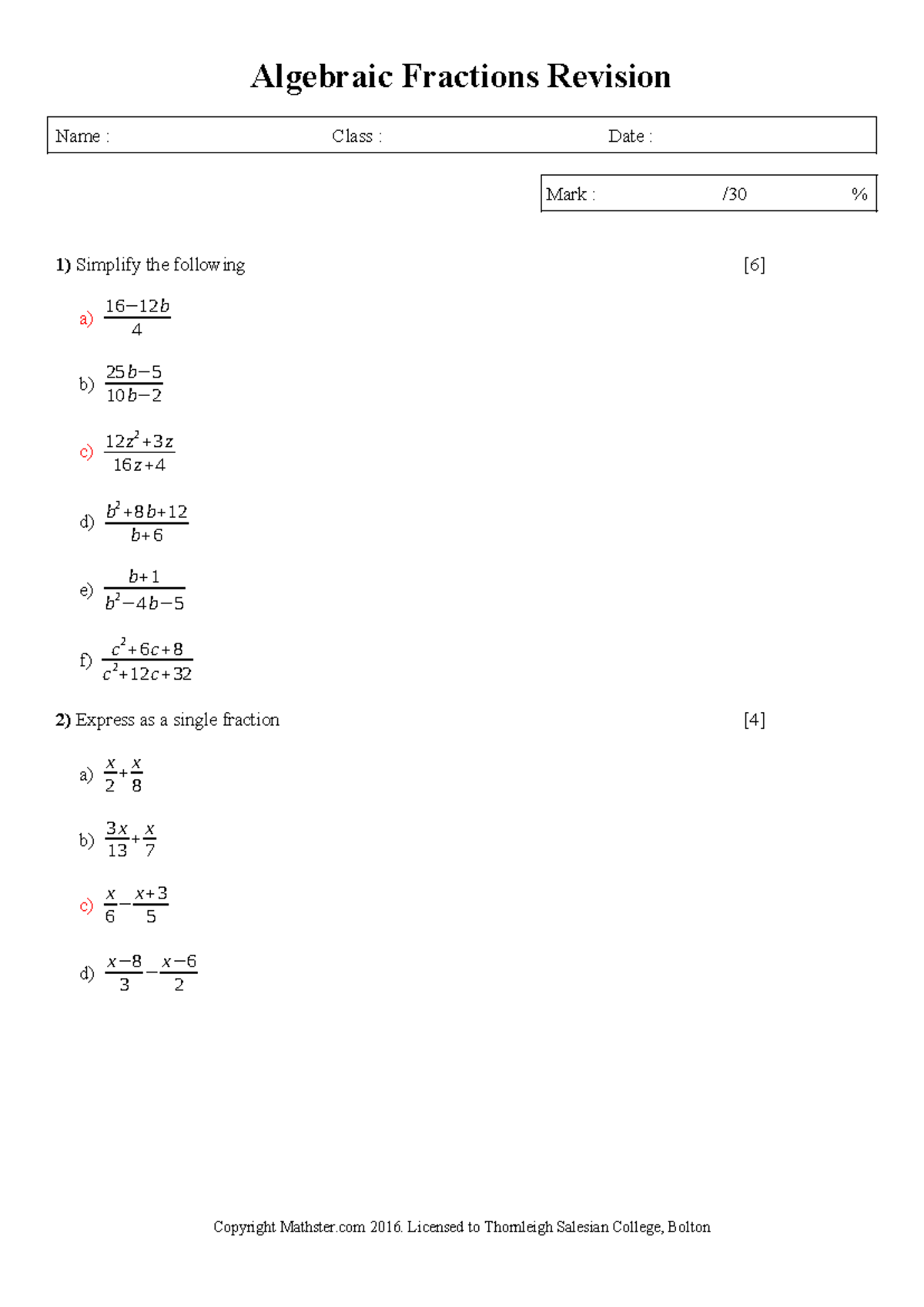 Algebraic Fractions Revision - Class Notes - Studocu