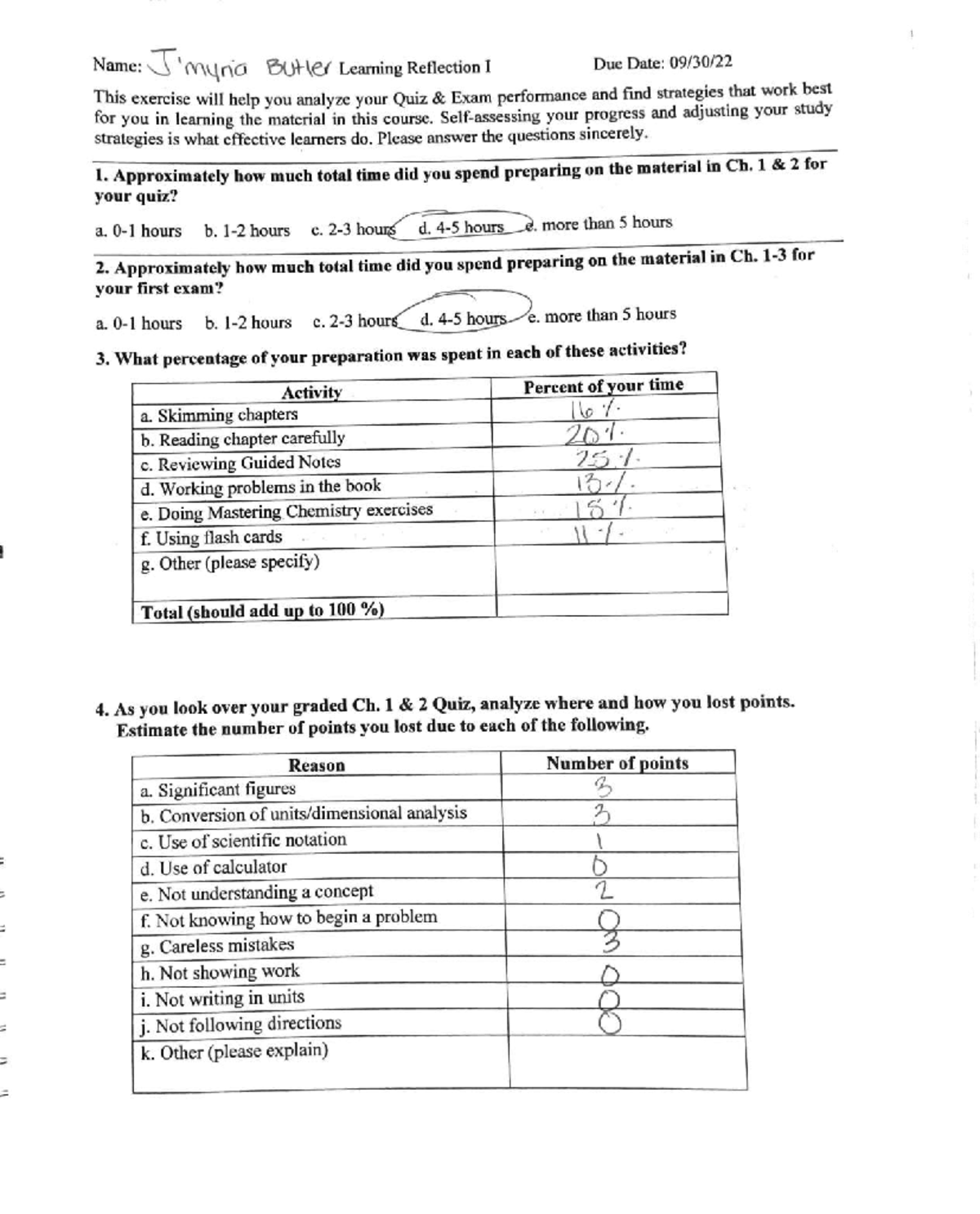 Butler Learning Reflection I: Analyzing Quiz & Exam Strategies - Studocu