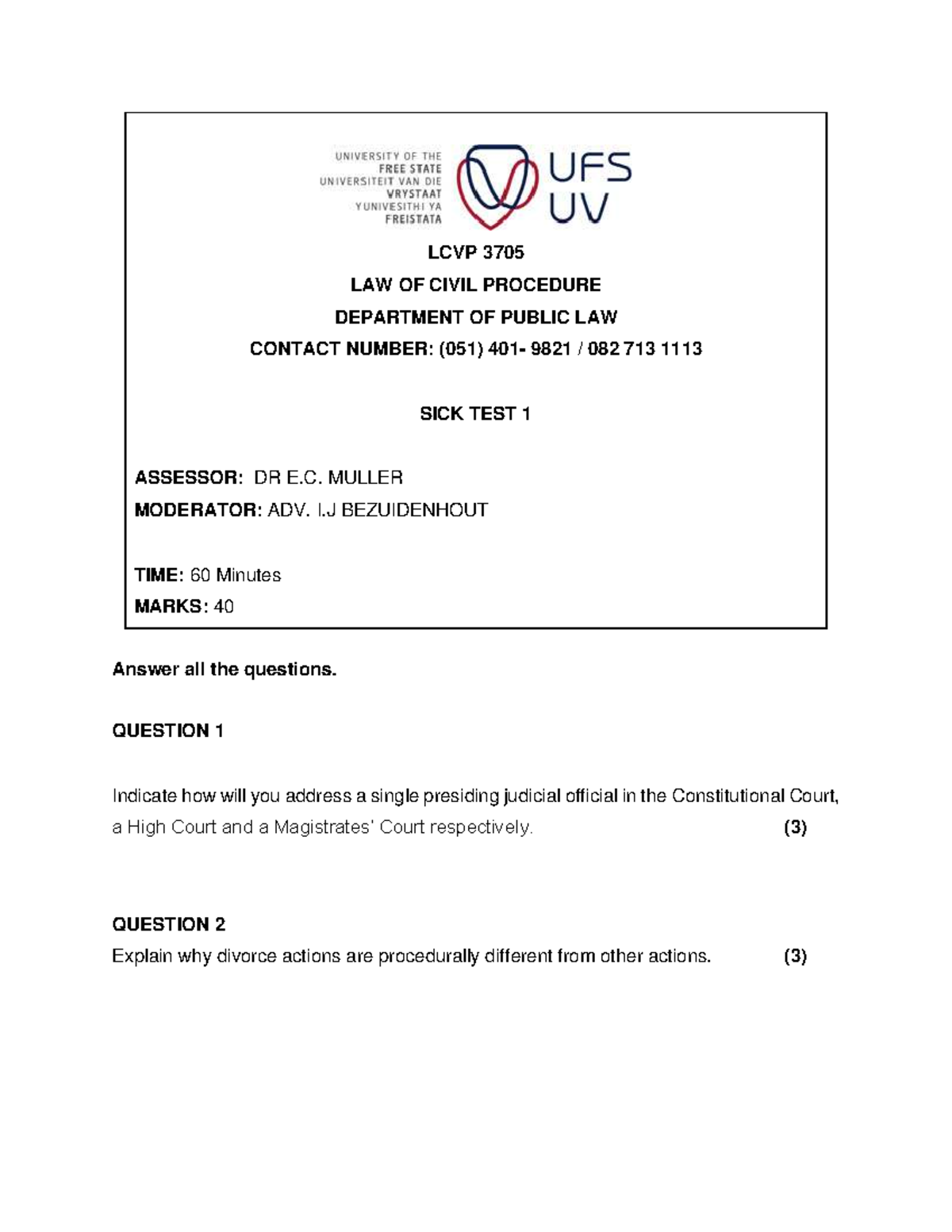 LCVP 3705 TEST 1 SICK - LAW OF CIVIL PROCEDURE Insights - Studocu