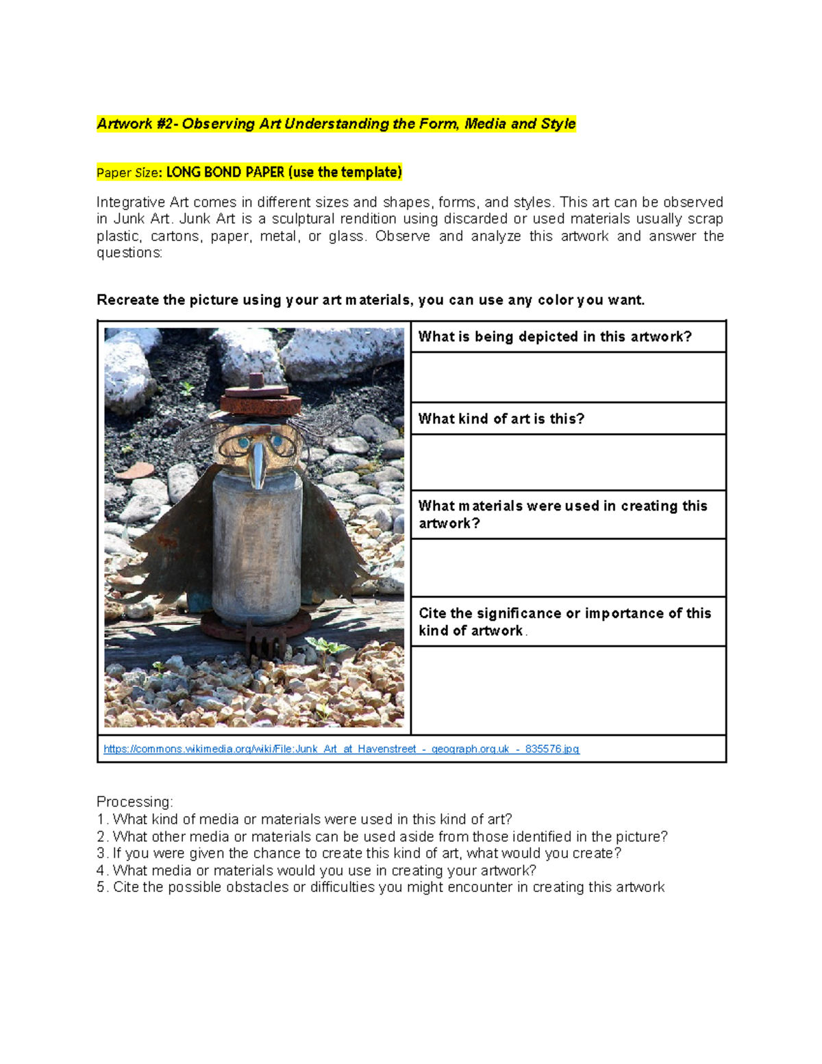 Artwork 2: Analyzing Junk Art and Creative Expression Techniques - Studocu