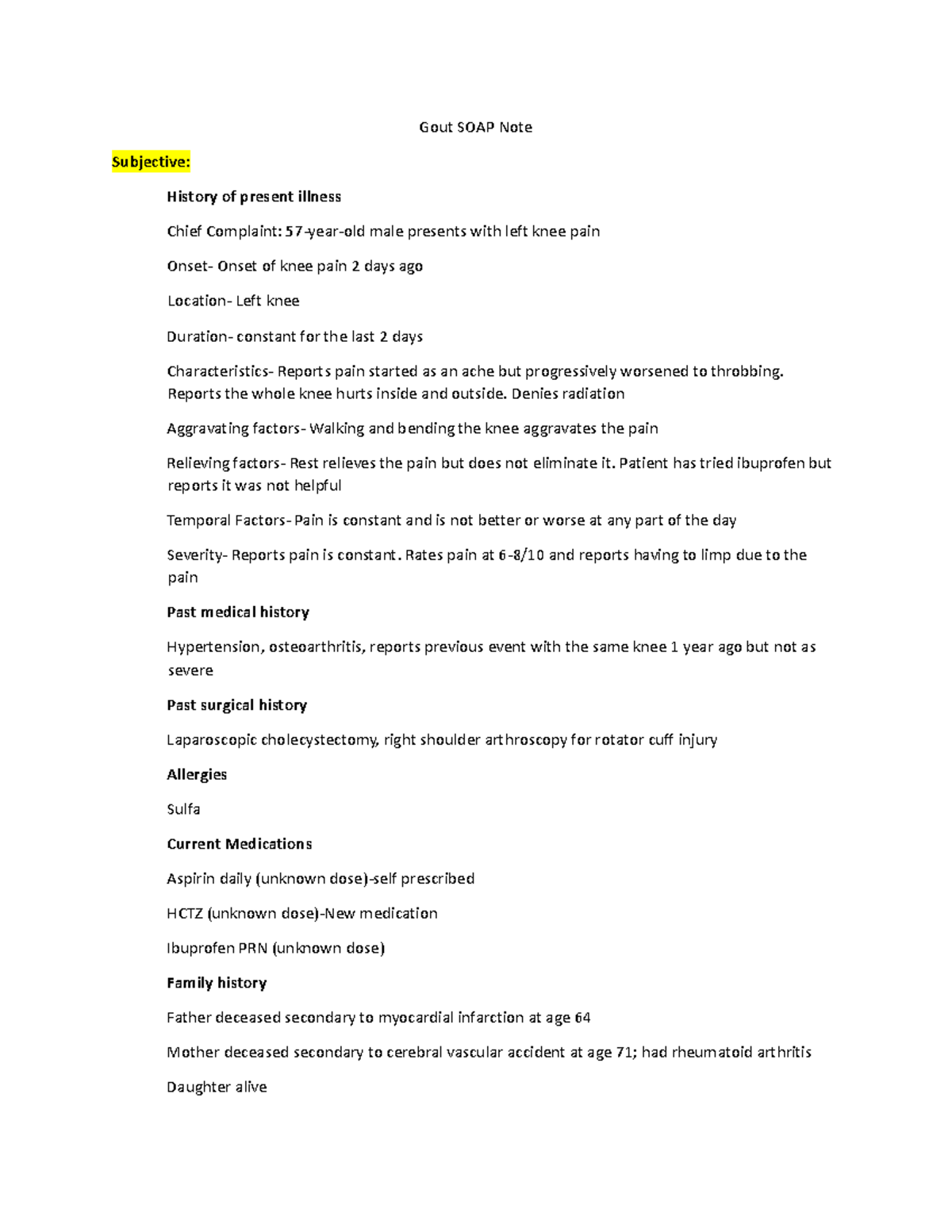 Gout SOAP Note: Assessment & Management for Knee Pain Case - Studocu