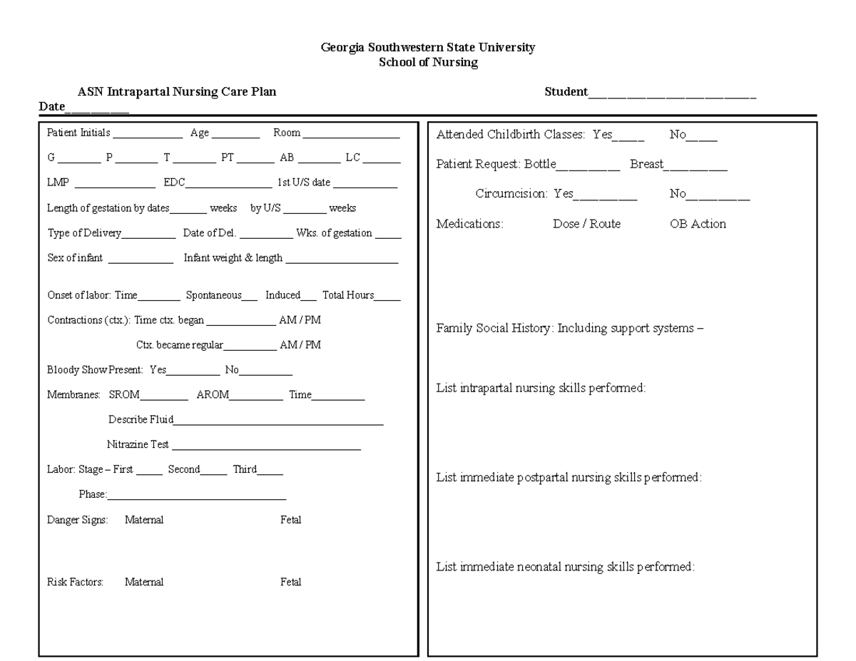 ASN Intrapartal Nursing Care Plan for Patient Assessment - Studocu