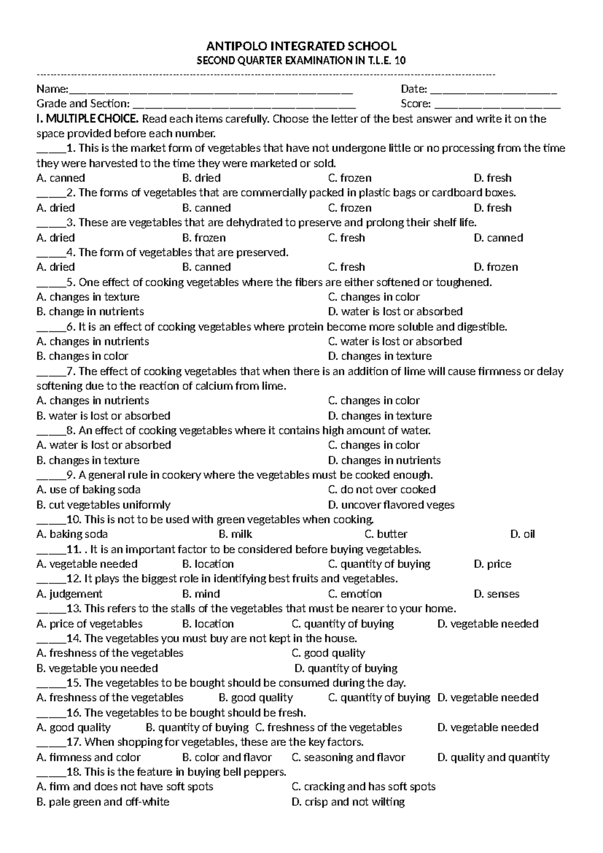 TLE 10 Second Quarter Exam Practice Test - Vegetables and Cooking - Studocu