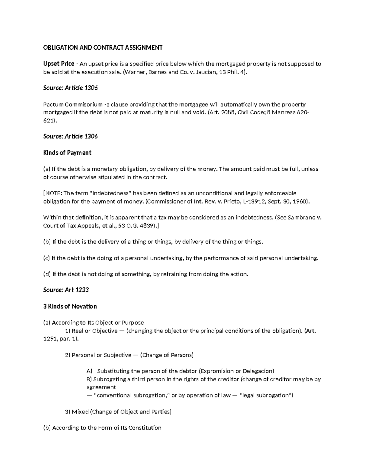 Obligation and Contract Assignment Overview (Law 101) - Studocu