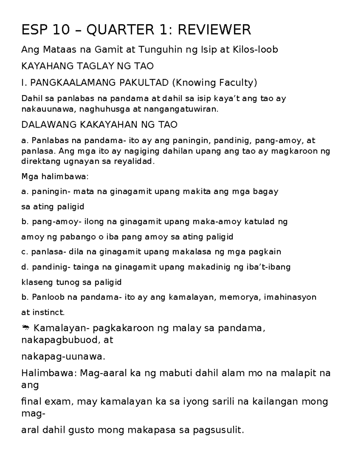 ESP 10 QUARTER 1: REVIEWER sa Gamit at Tunguhin ng Isip - Studocu