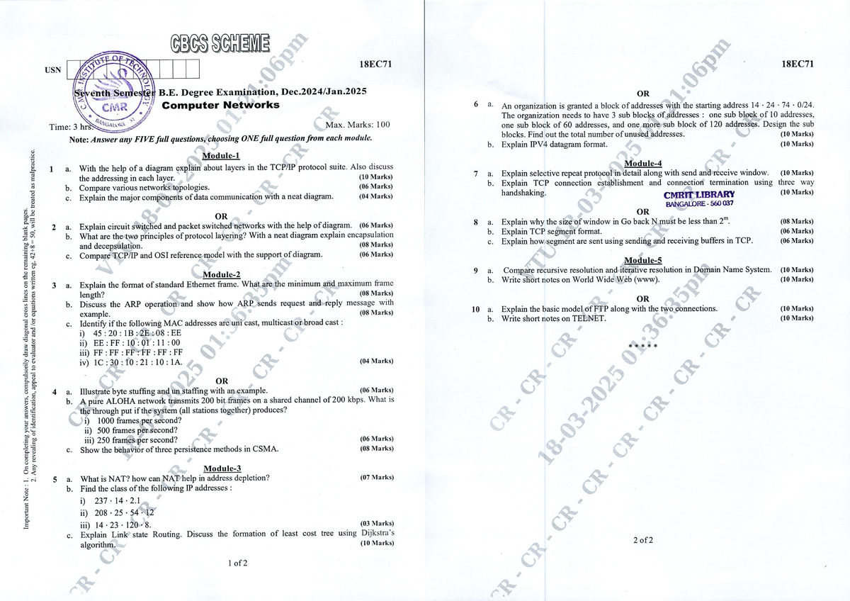 18EC71 Computer Networks Final Exam Dec 2024 - Jan 2025 - Studocu