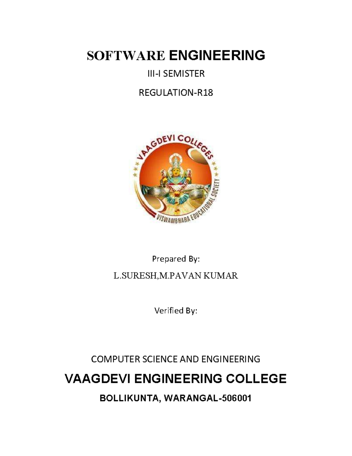 SE Lab Manual - SOFTWARE ENGINEERING III-I SEMISTER REGULATION-R Prepared By: L,M KUMAR Verified ...