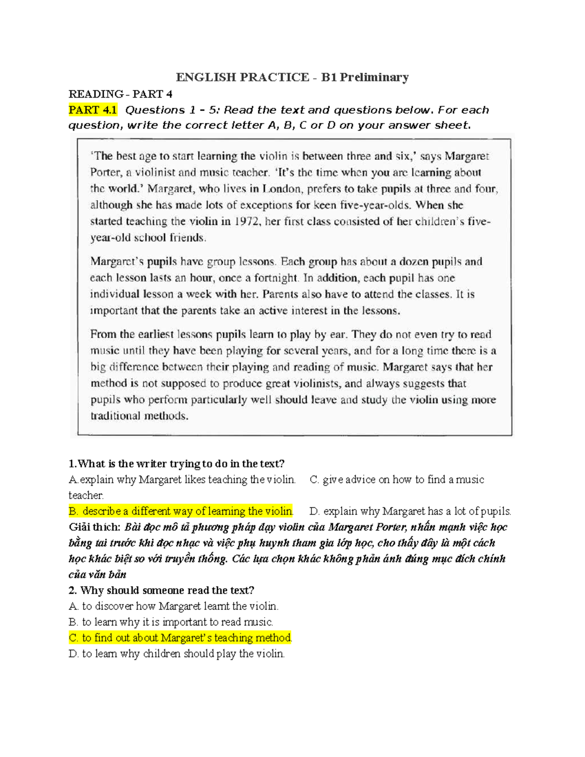ENGLISH PRACTICE B1 Preliminary READING PART 4: Questions & Answers ...