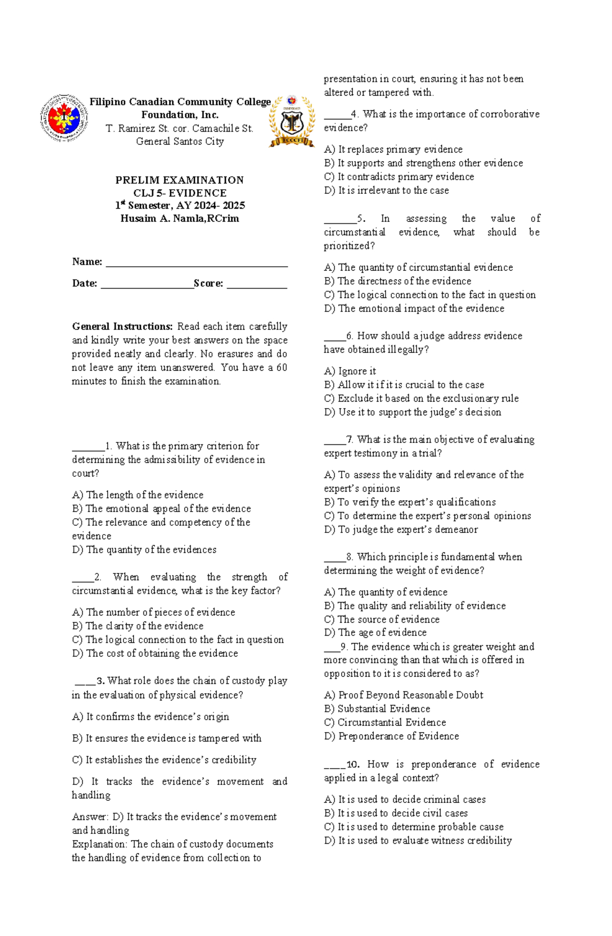 CLJ 5 - Evidence Prelim Exam Review for AY 2024-2025 - Studocu