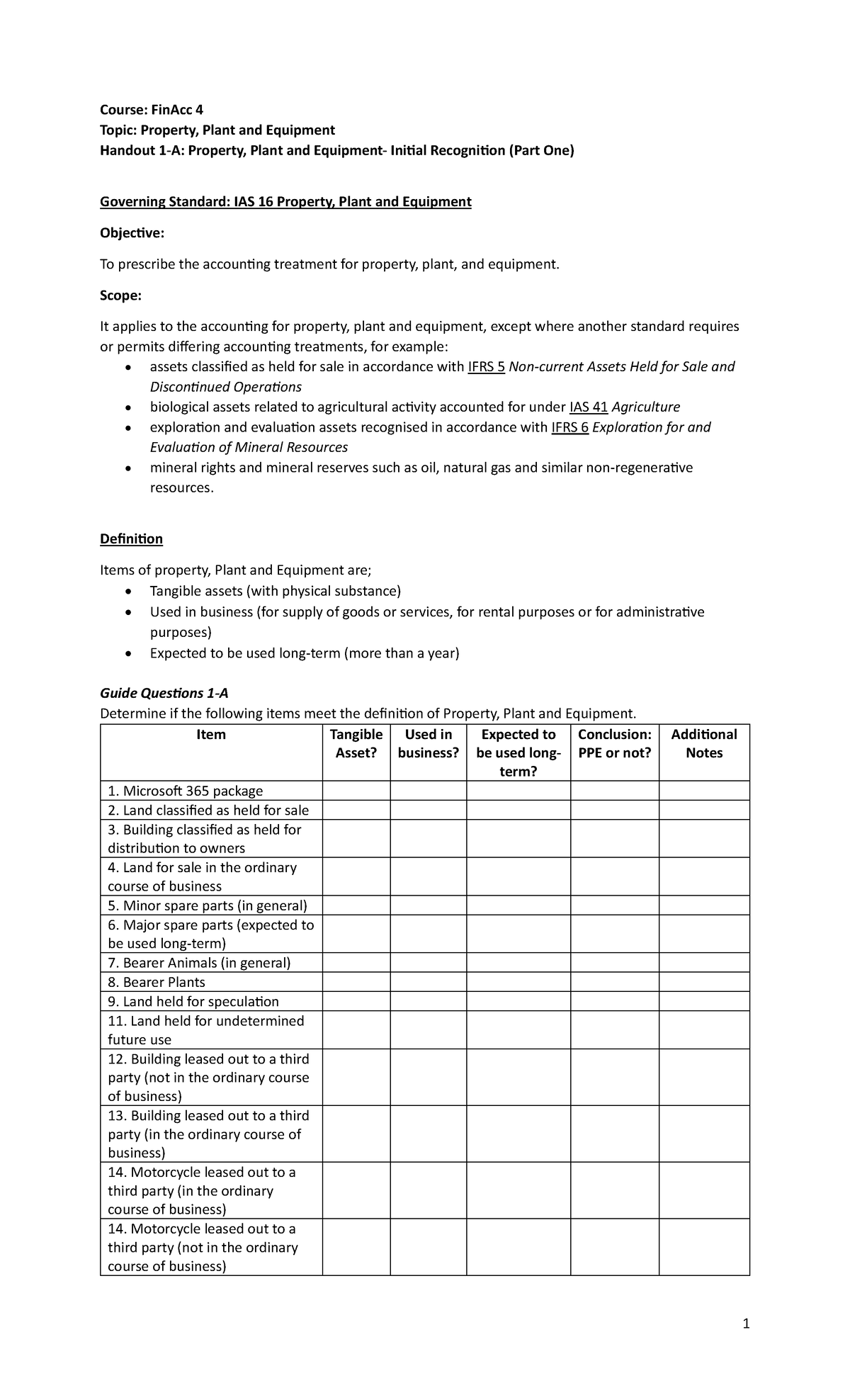 Fin Acc 4 - Handout 1A - PPE Initial Recognition (Part A) - Course: FinAcc 4 Topic: Property ...