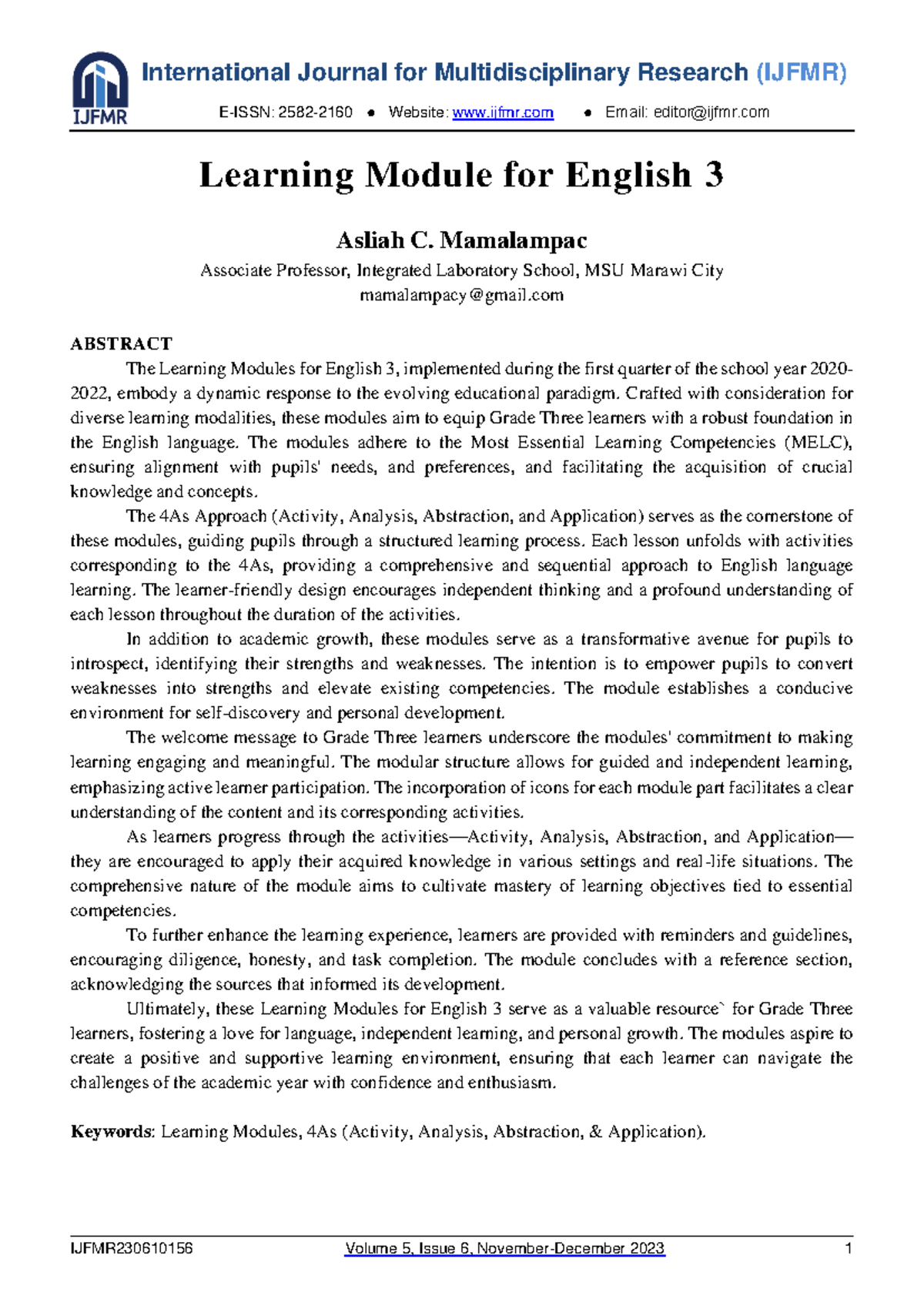 Learning Module for English 3 (IJFMR) - 4As Approach and Activities ...