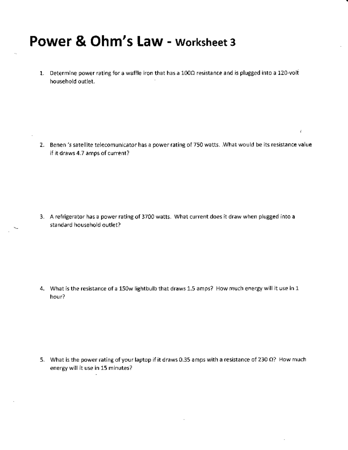 Power & Ohms Law Ws3 - Ohm's Law - Power Law Worksheet 3 1. Determine ...