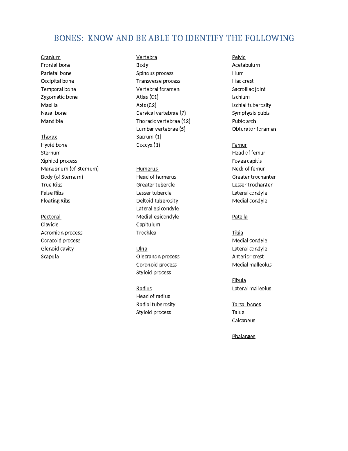 Identification of Human Bones: Anatomy Overview for Exam (BIO101) - Studocu
