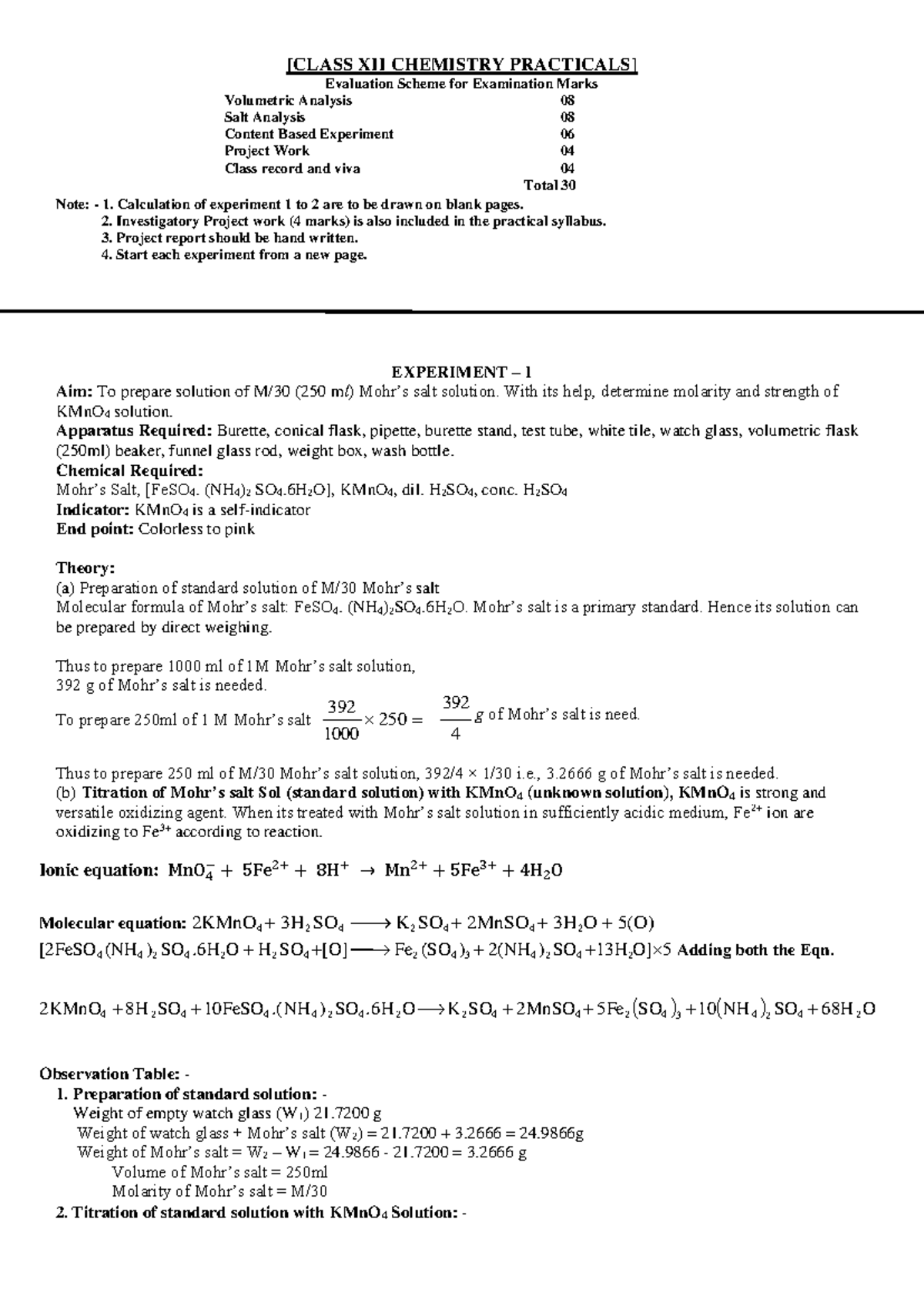 XII CHEMISTRY Practical Titration Techniques and Evaluation Scheme ...