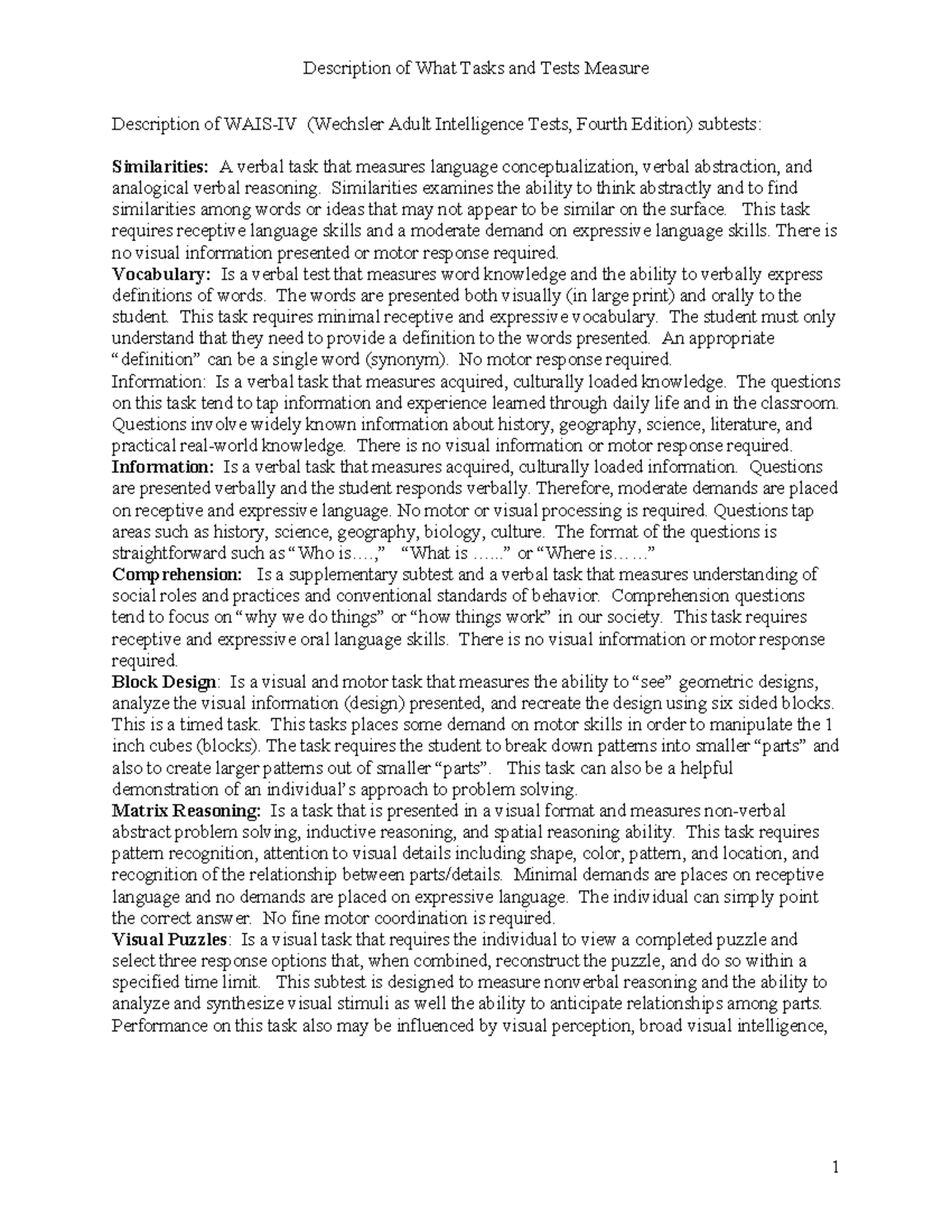 WAIS-IV Subtest Explanations and Descriptions for Psychology Study ...
