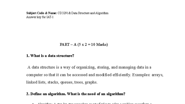 Data Structure and Algorithm (IAT) Answer Key for Part A & B - Studocu
