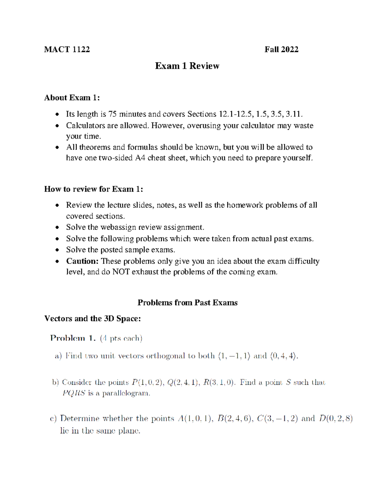 Exam 1 Review (with problems from past exams) - MACT 1122 Fall 2022 ...
