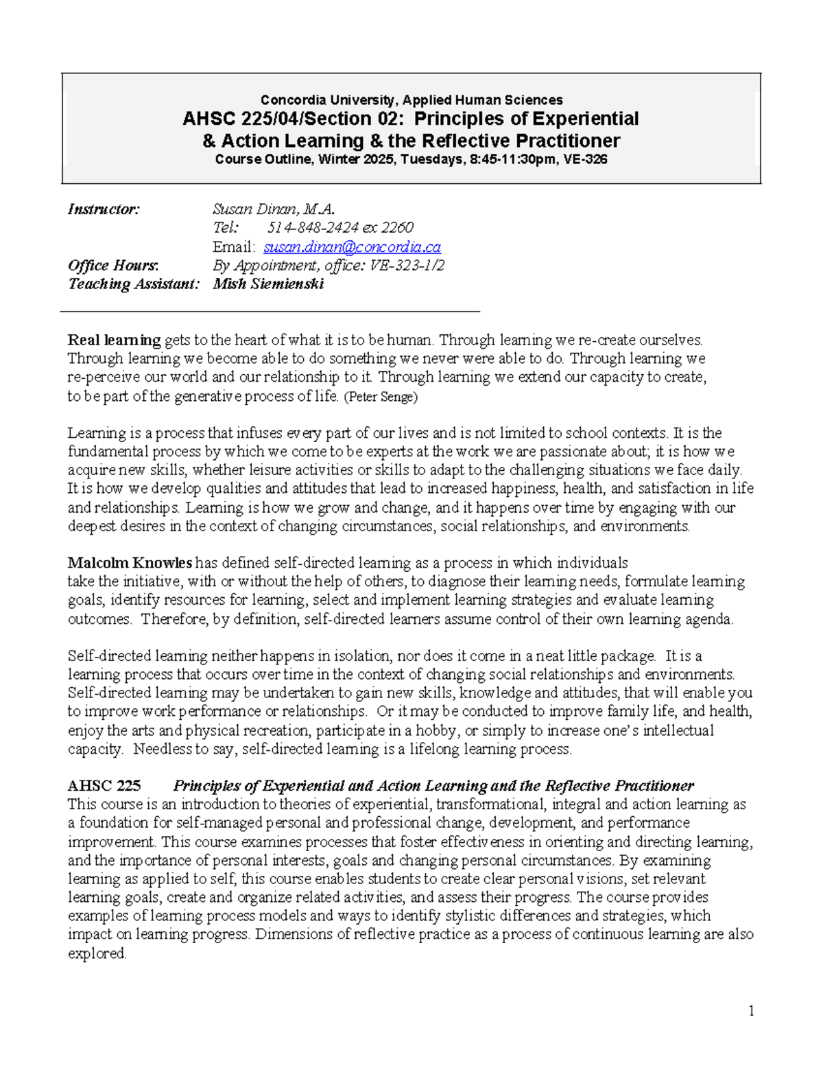 AHSC 225 Course Outline: Principles of Experiential Learning - Winter ...