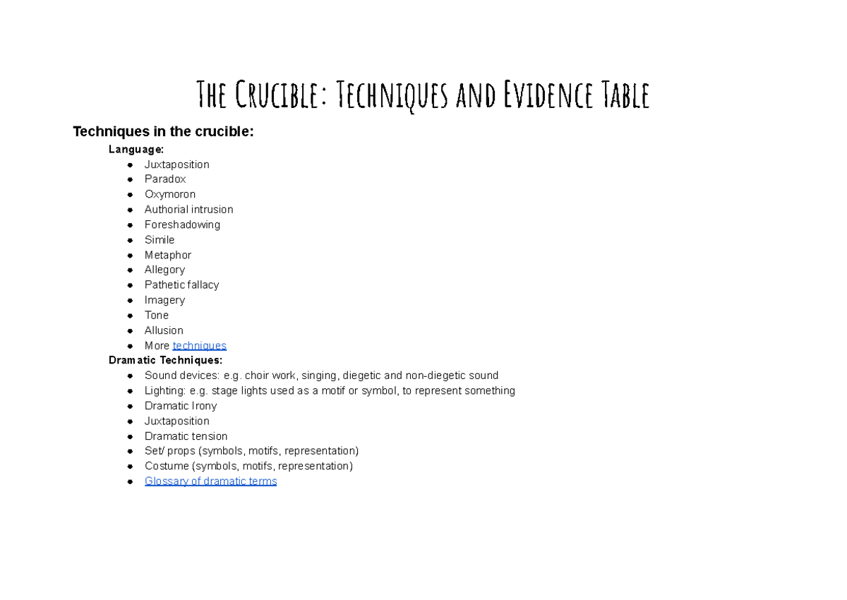 The Crucible: Techniques & Evidence Table A1 - Student Copy - Studocu