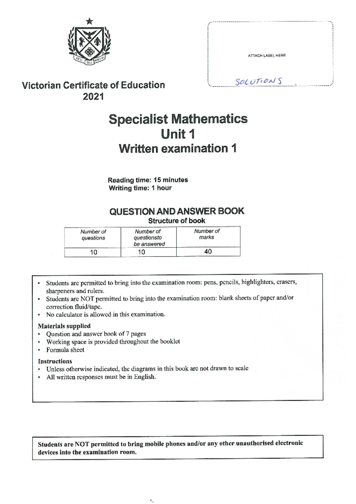 SM Unit 1 Exam 1 Solutions - Victorian Certificate of Education - Studocu