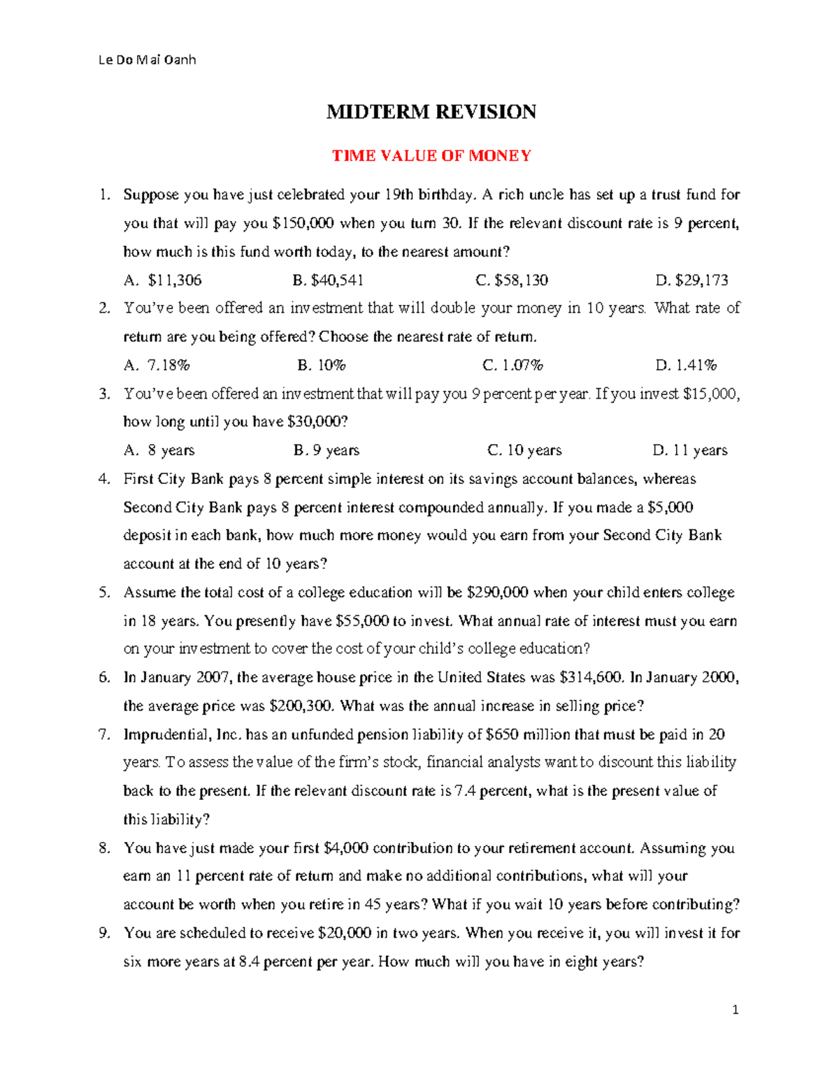 FM 101 MIDTERM REVISION: TIME VALUE OF MONEY EXERCISES - Studocu