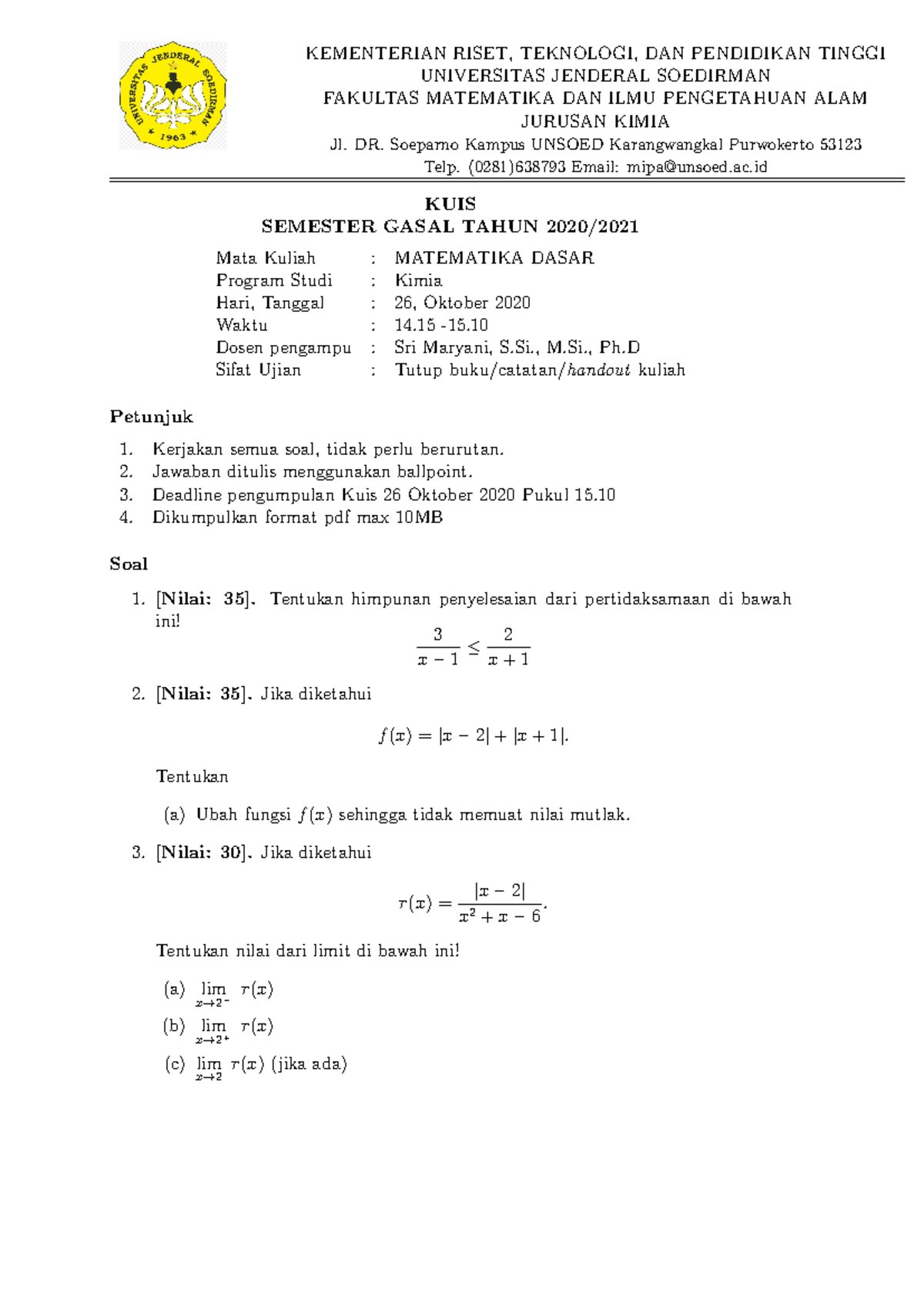 Kuis UTS Matematika Dasar (MAT101) - Soal dan Petunjuk Pengumpulan ...