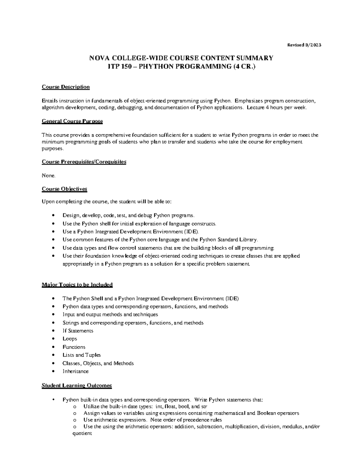 ITP 150 Final Course Summary: Python Programming Fundamentals - Studocu