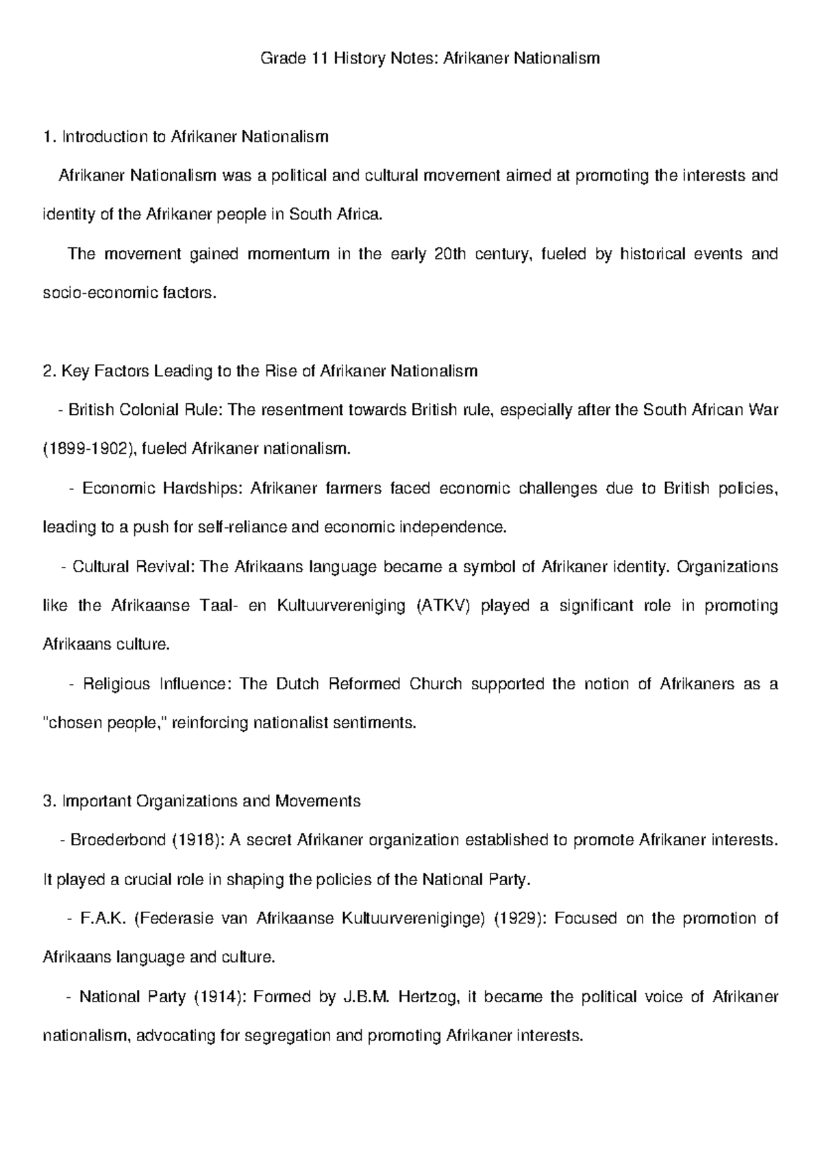 Grade 11 History Notes: Overview of Afrikaner Nationalism - Studocu