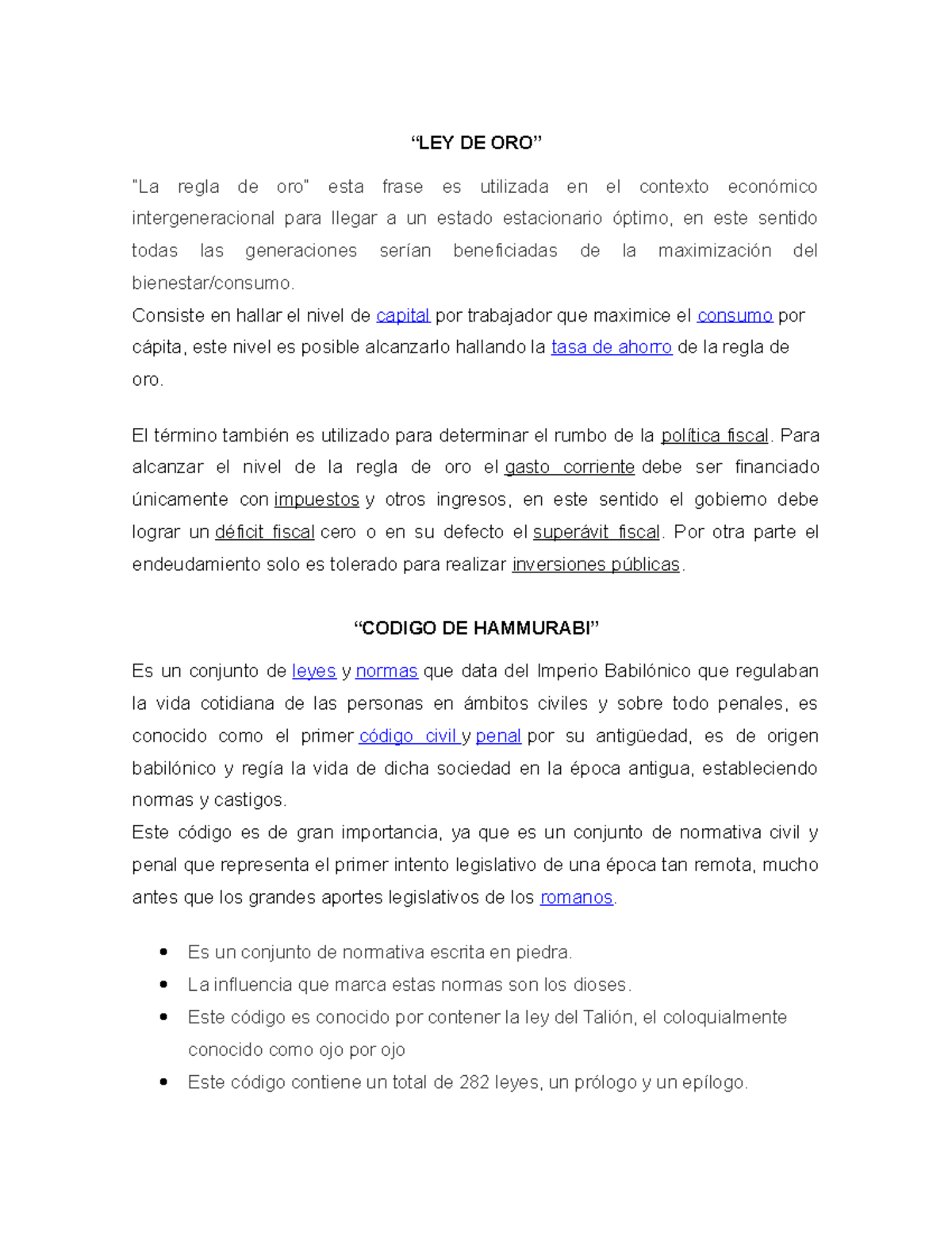 Ley de Oro y Código de Hammurabi: Análisis Económico y Legal - Studocu