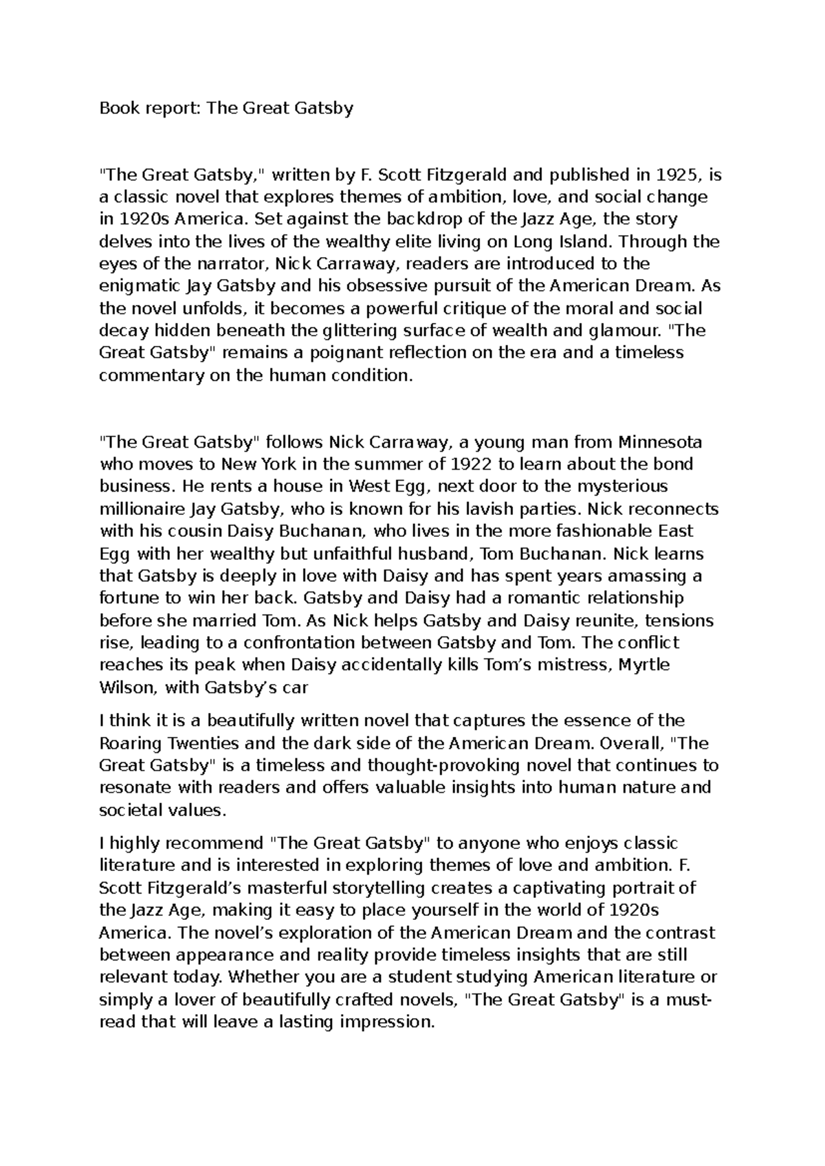 Book Report: The Great Gatsby Analysis and Insights - Studeersnel