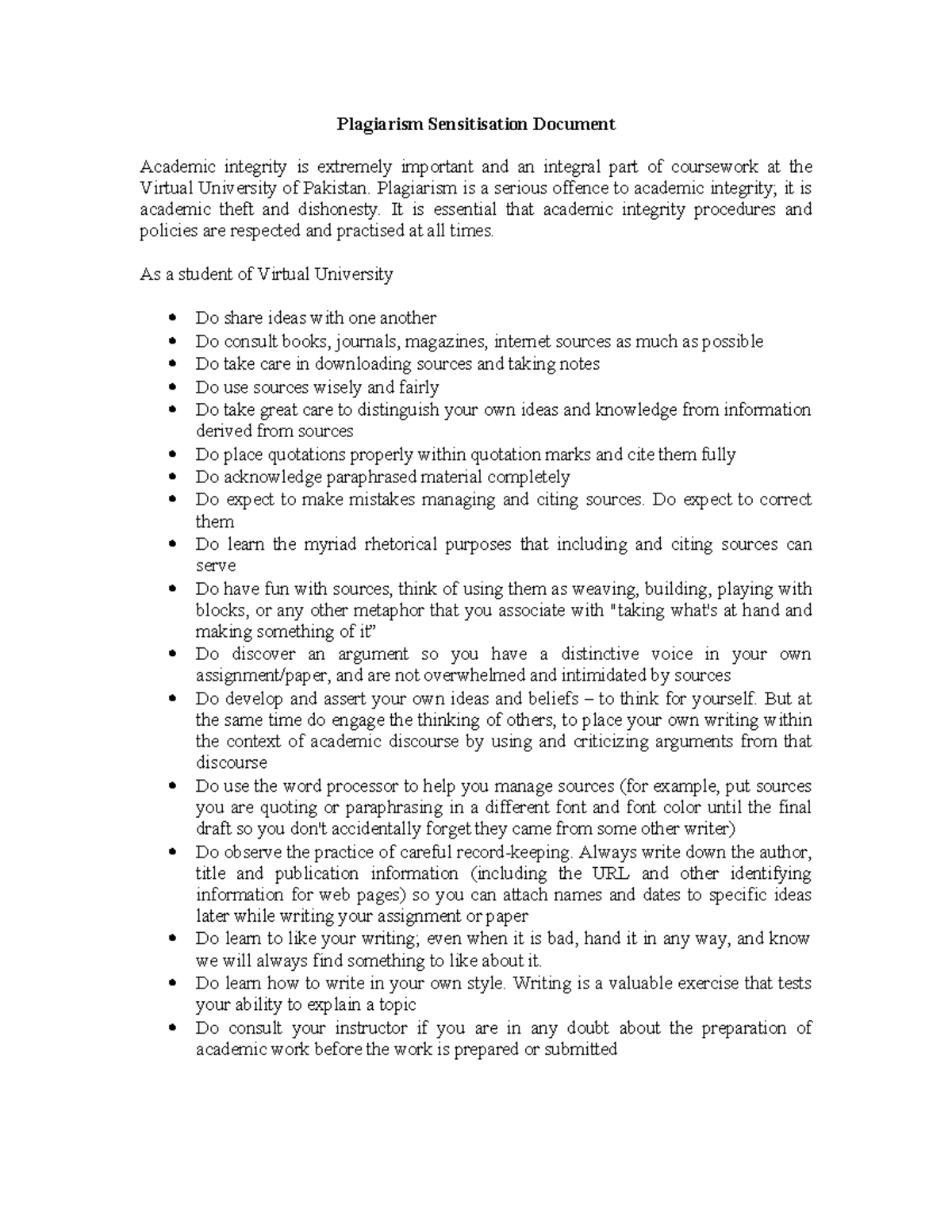 Plagiarism Sensitization Guide for Academic Integrity at VUP - Studocu