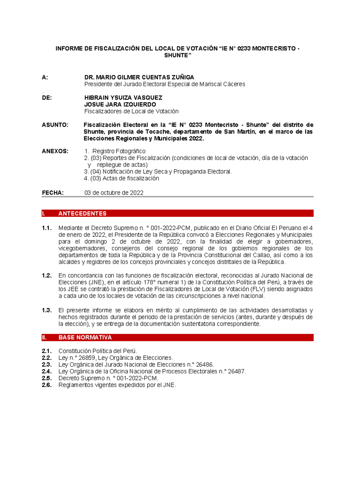 Informe de Fiscalización Electoral FLV - IE N° 0233 Montecristo - Studocu
