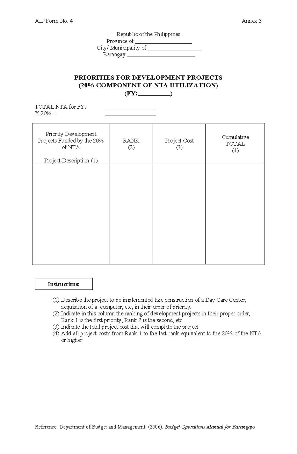 Annex 3: Priorities for Development Projects (20% NTA Utilization ...