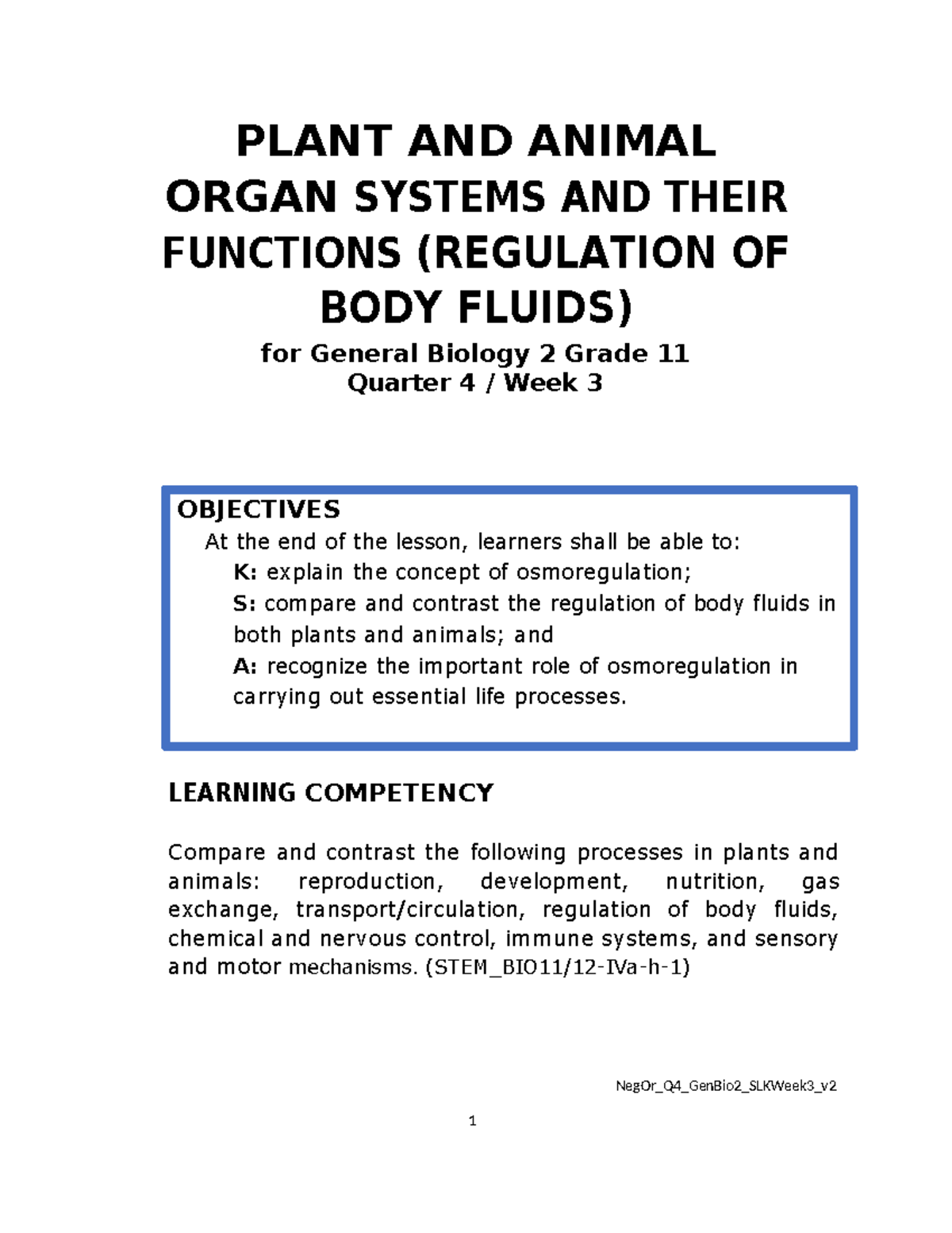 NegOr_Q4_GenBio2_Lesson3_Osmoregulation in Plants & Animals - Studocu