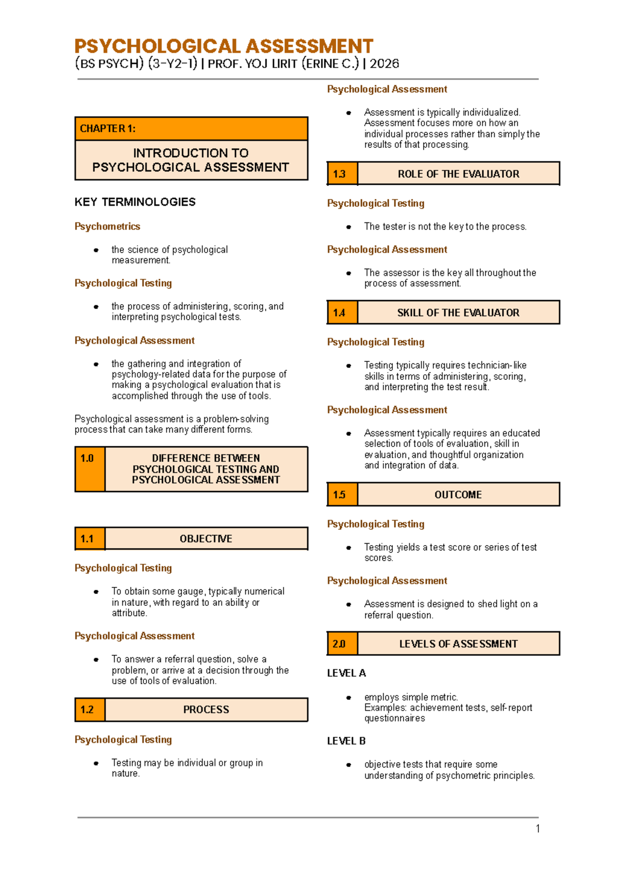 Psychological Assessment Prelims (BS PSYCH) - Key Concepts & Ethics ...