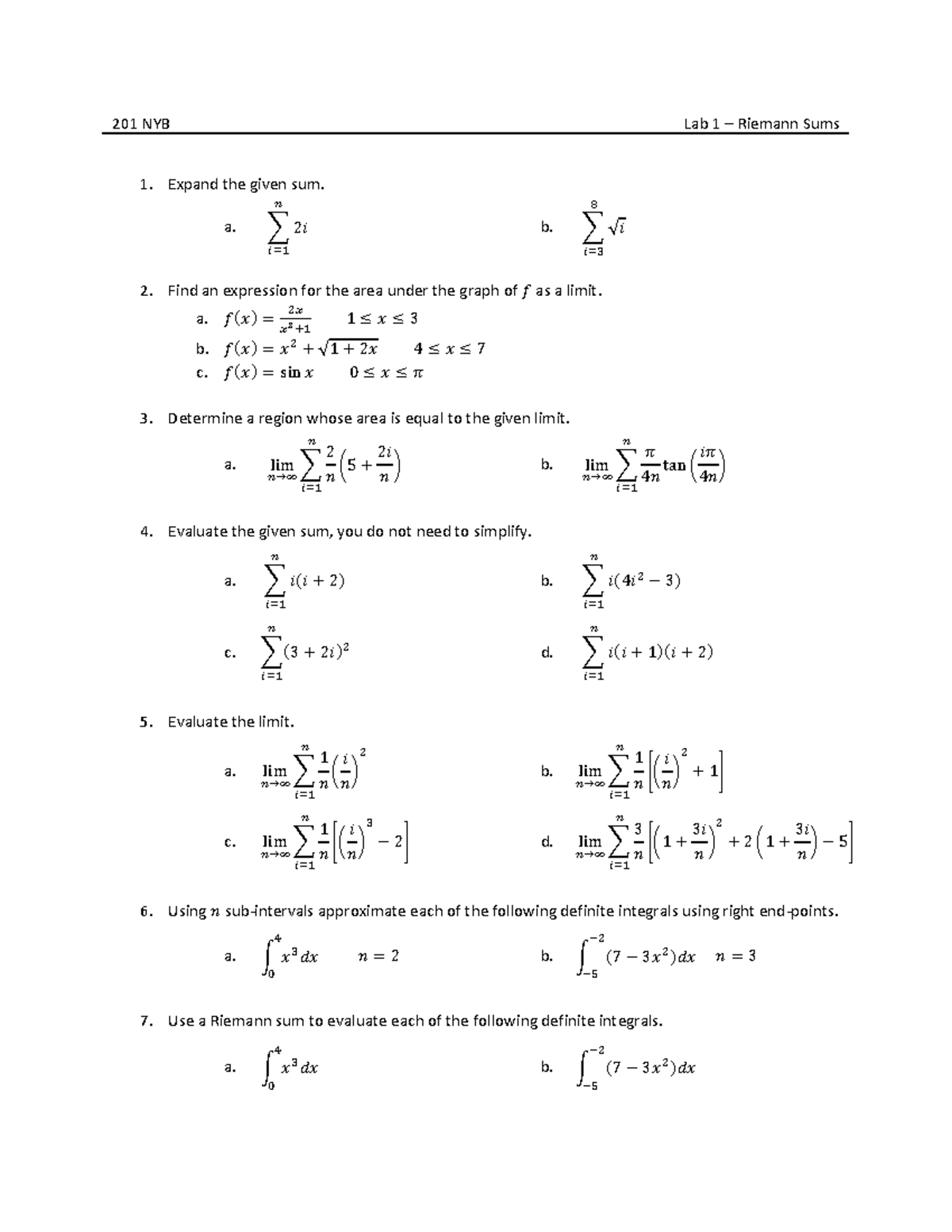 Math 201-NYB Lab 1: Exploring Riemann Sums and Limits - Studocu