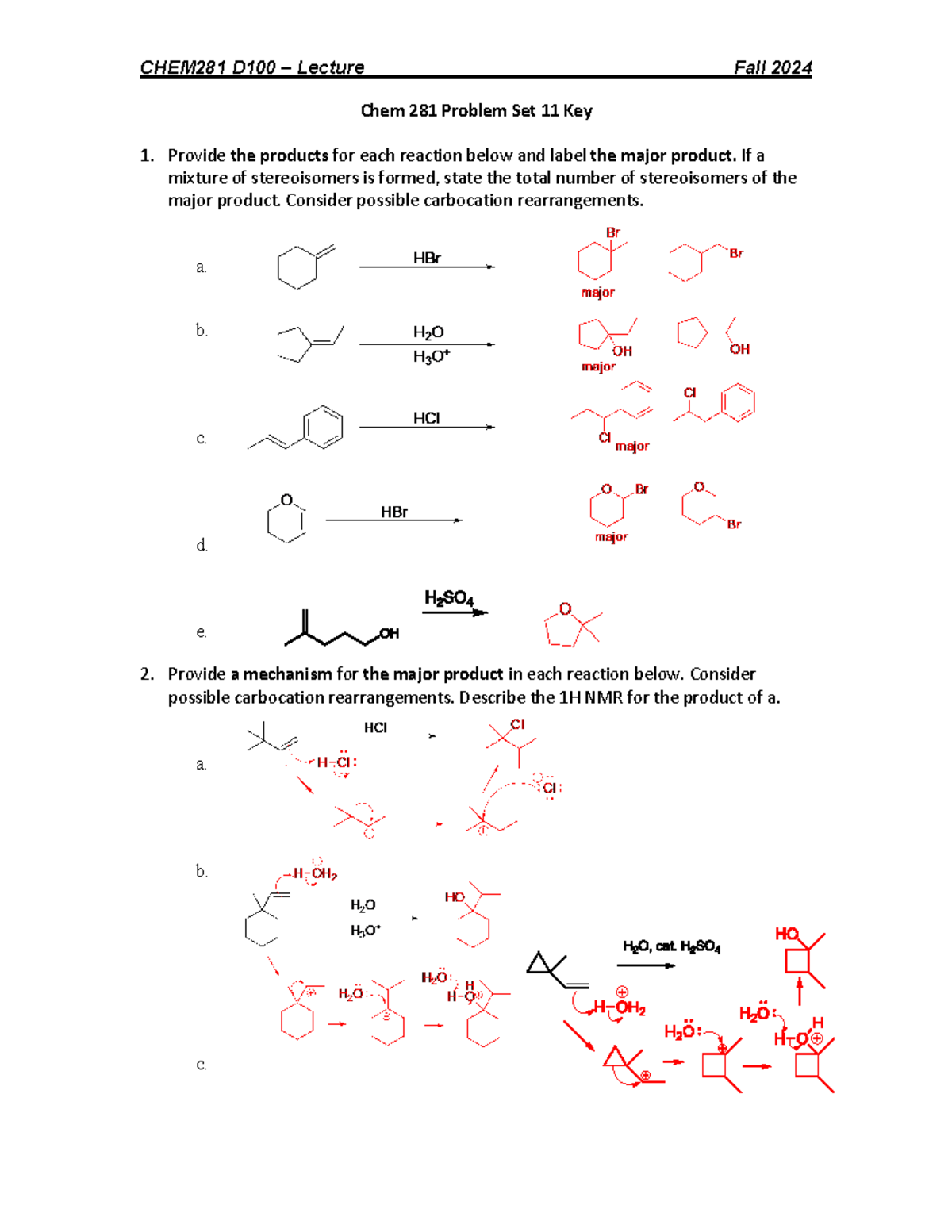 Problem Set 11 Key - Chem 281 Problem Set 11 Key Provide the products ...