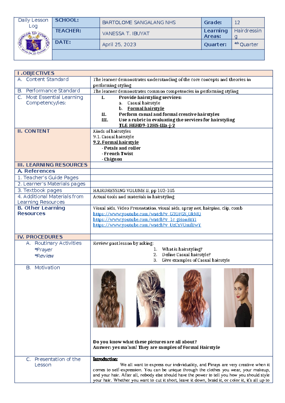 COT Hairdressing Daily Lesson: Formal Hairstyling Techniques and Skills ...