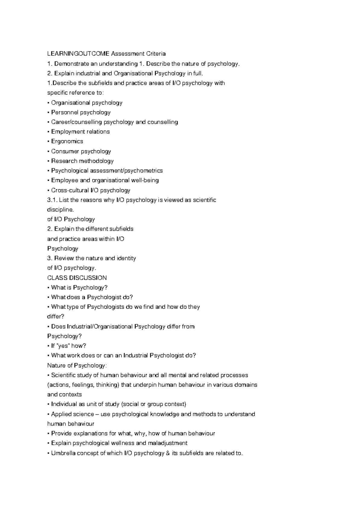 IO Psychology: Understanding Subfields and Assessment Criteria - Studocu